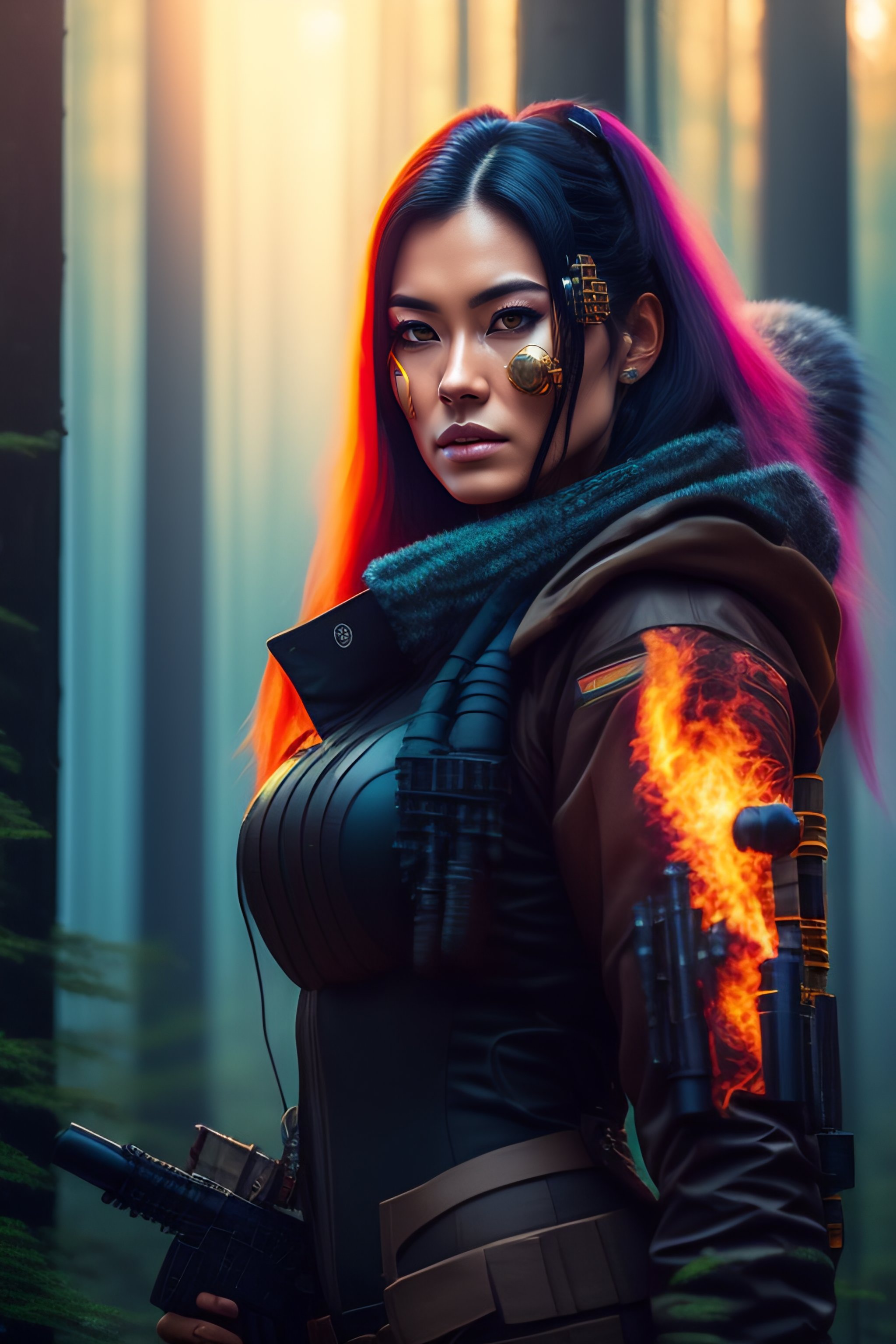 Lexica - Wide angle, cyberpunk themed female human, in a dense forest ...