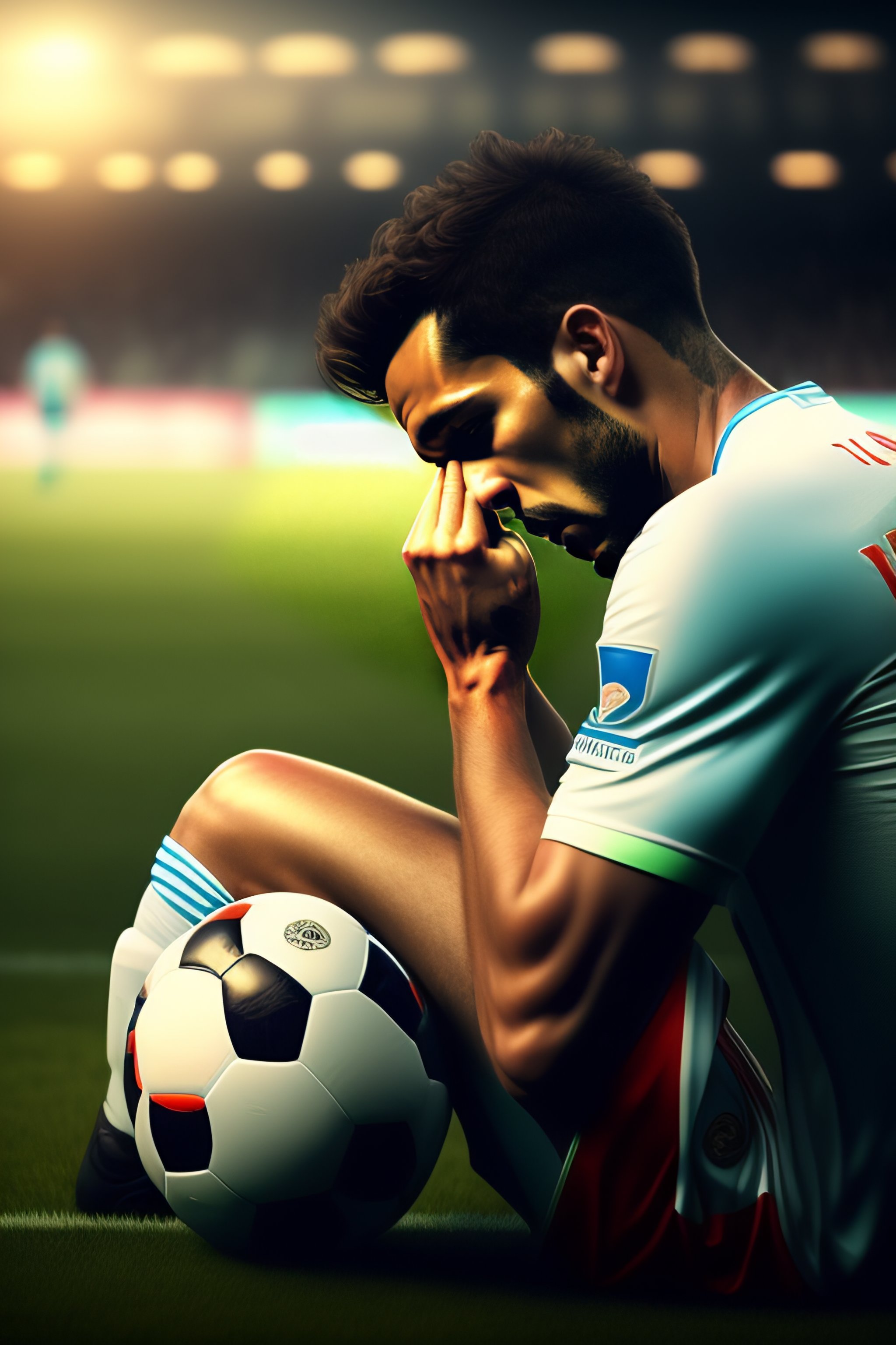 Lexica - Soccer player sad after lose a final game, sadness, realistic