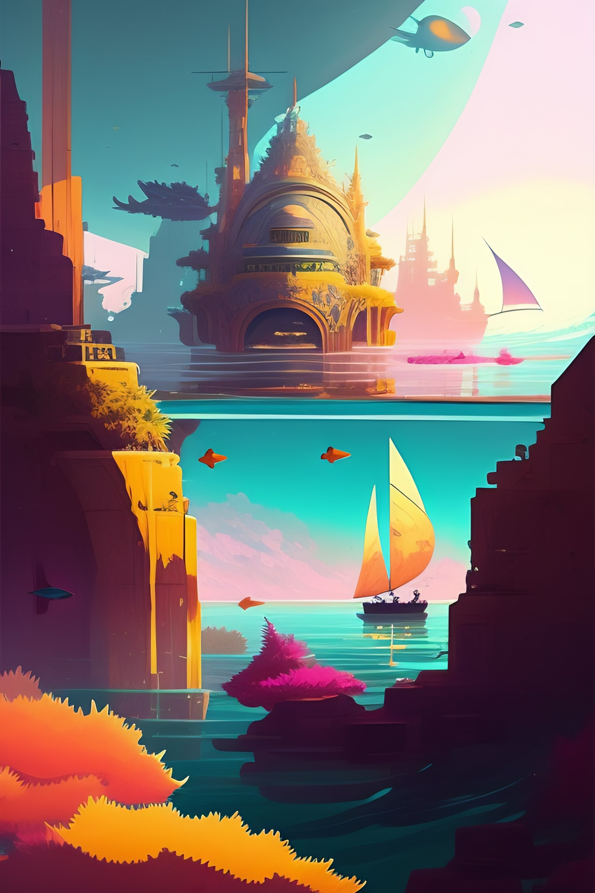 Lexica - Highly detailed portrait of an underwater city, with towering ...