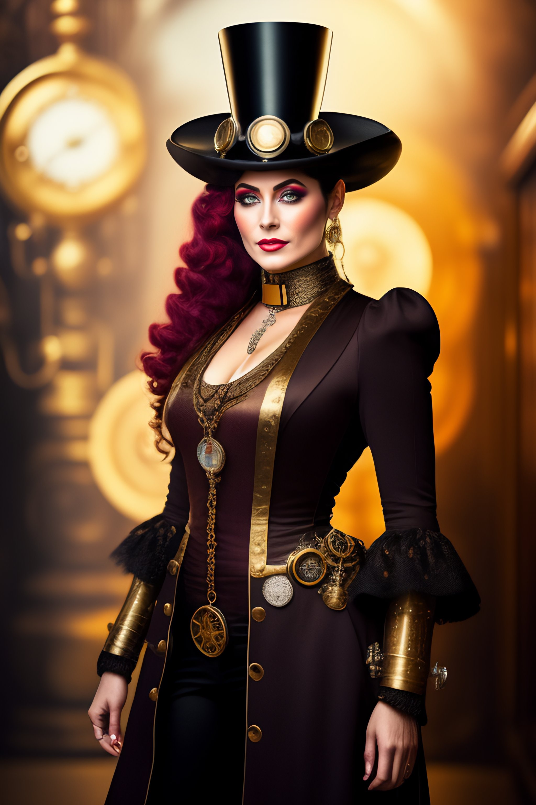 Lexica - A woman wearing clockwork steampunk outfit and tophat, gears ...