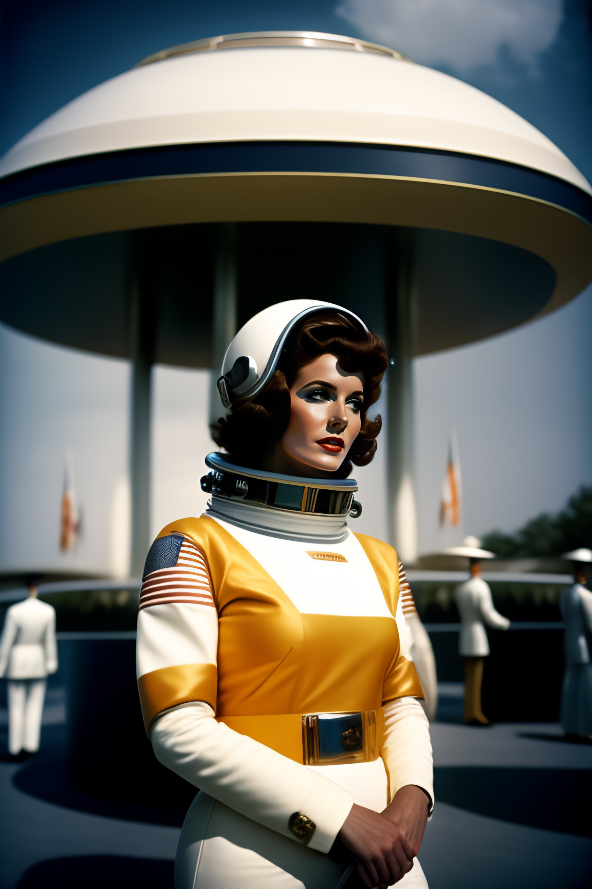 Lexica - 1963, woman in space suit at world's fair, Googie architecture,