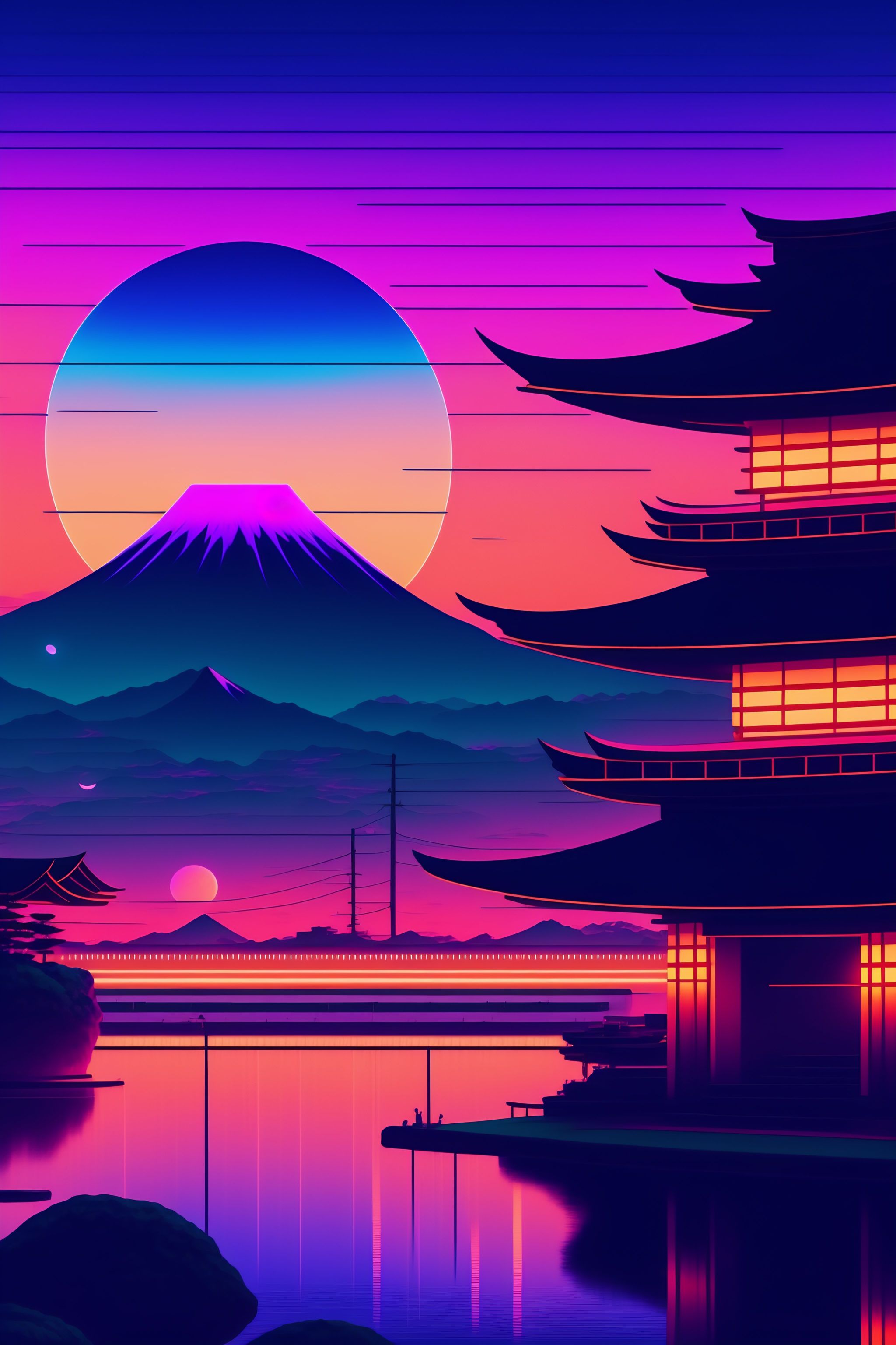 Lexica - Synthwave japanese town with moon background, sharp focus,