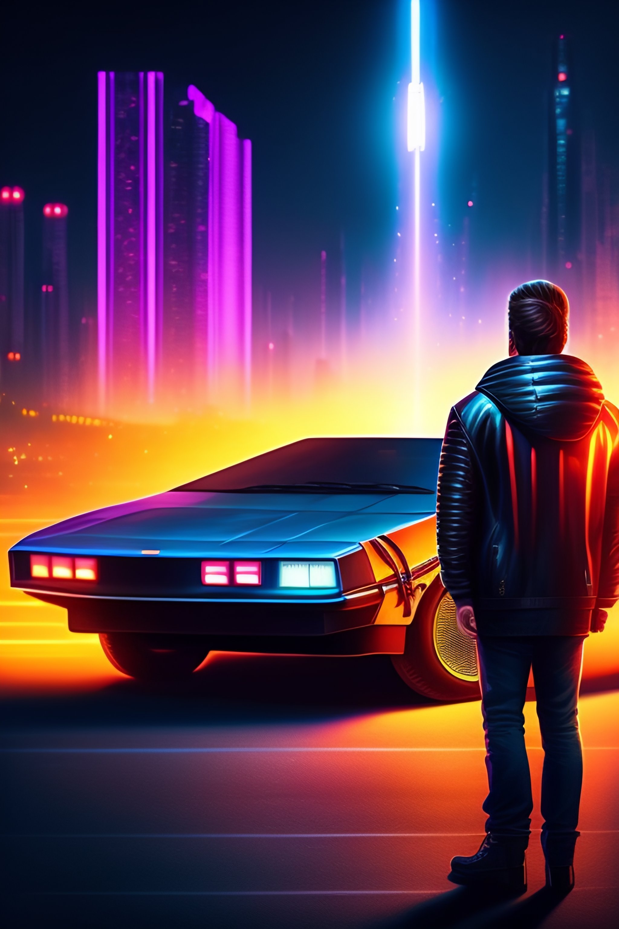 Lexica - Marty mcfly standing in front of delorean, a city in the ...