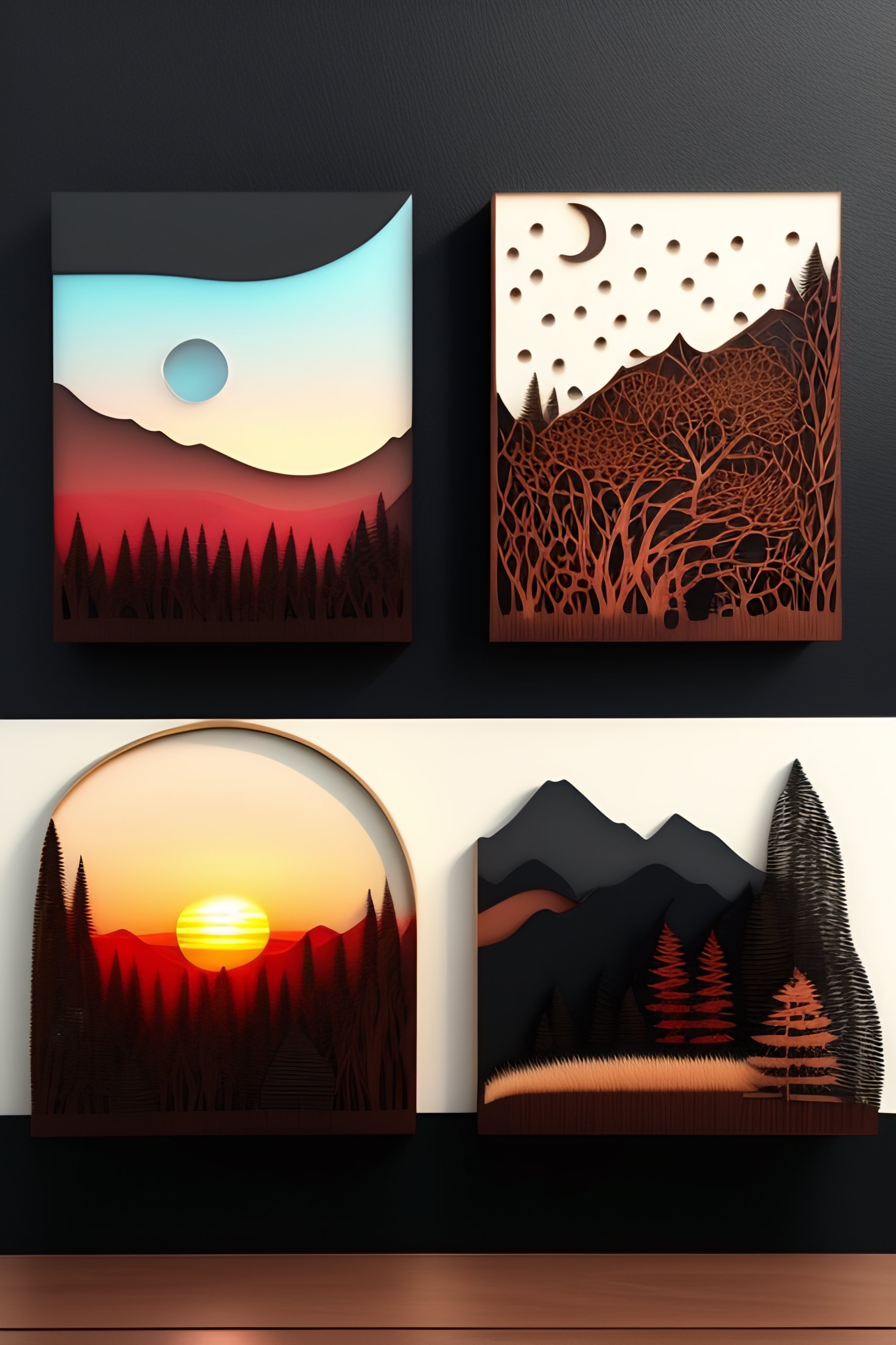 Lexica - 2d laser cut, landscape wall art pieces side by side