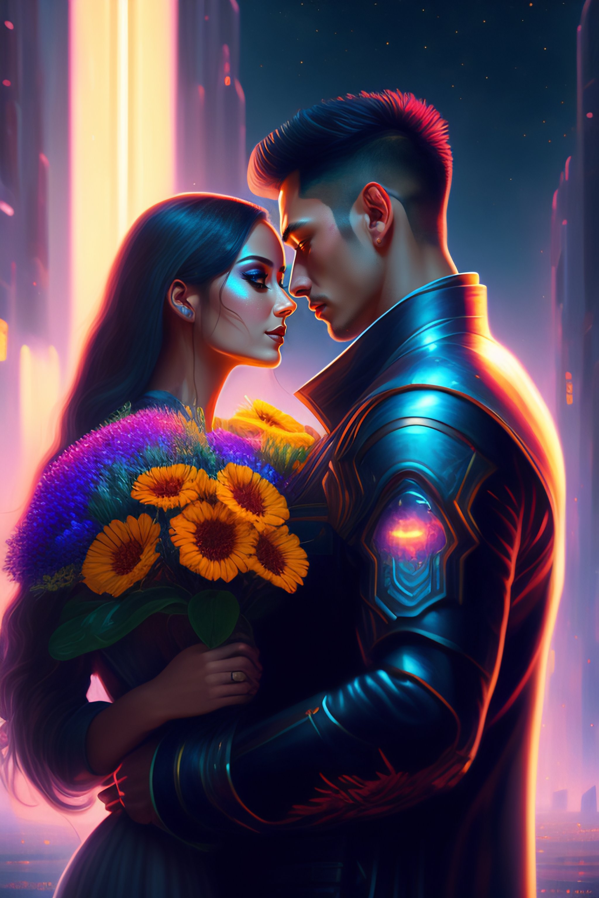 Lexica - An android man gives a bouquet of flowers to a beautiful human ...