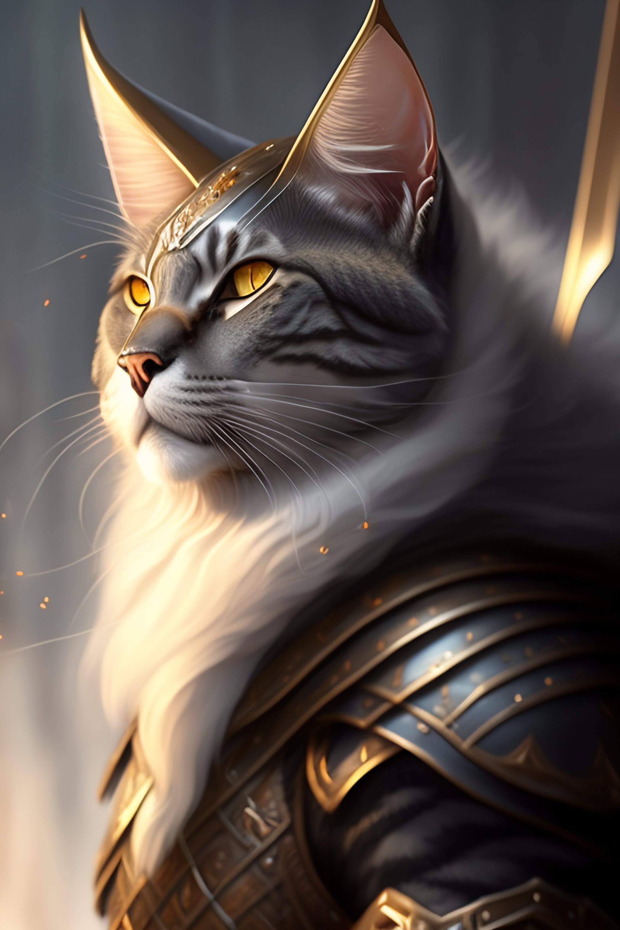 Lexica - A detailed full length of grey mainecoon cat in armor with ...