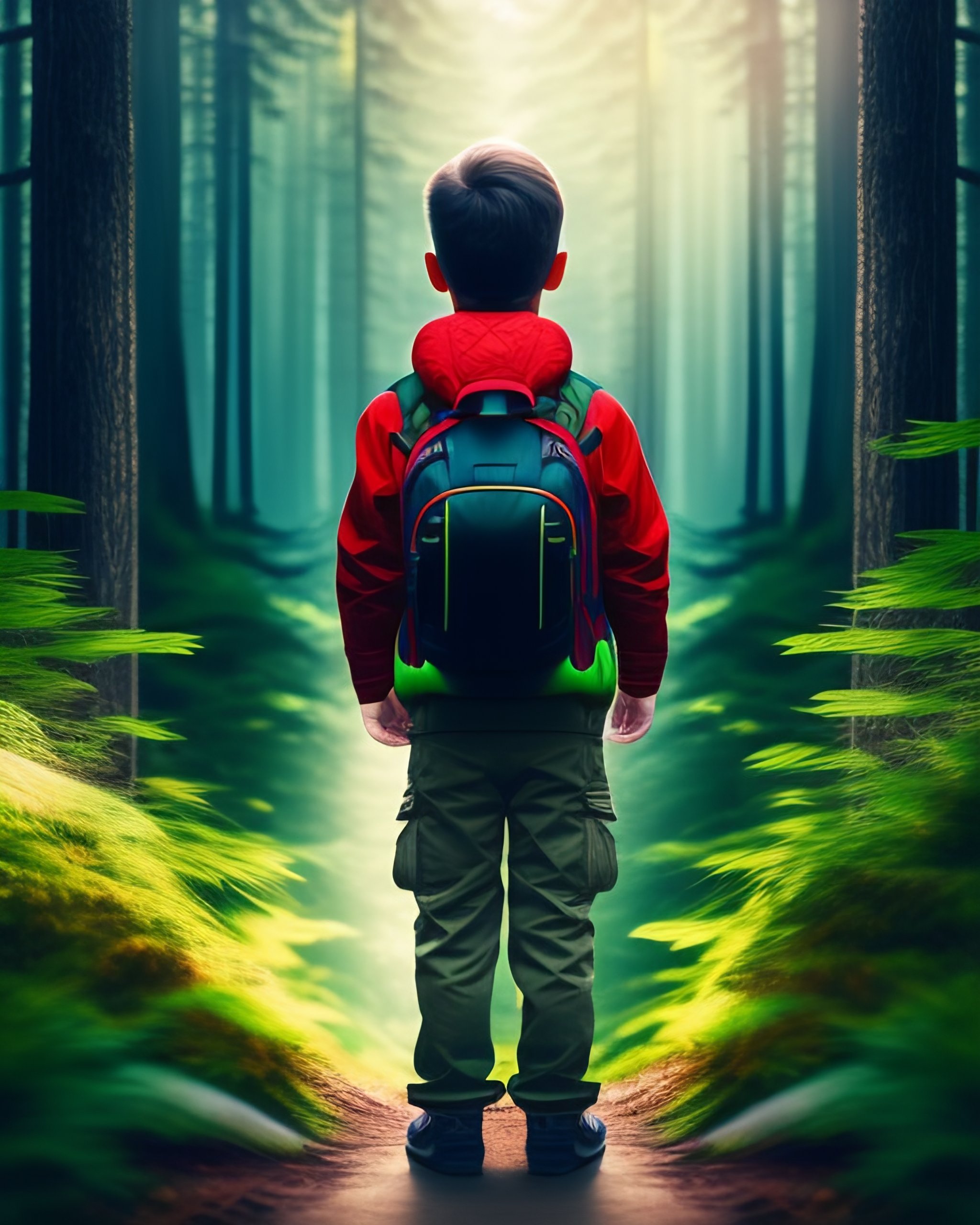 Lexica - A young boy stands at the edge of a dense forest, his backpack ...