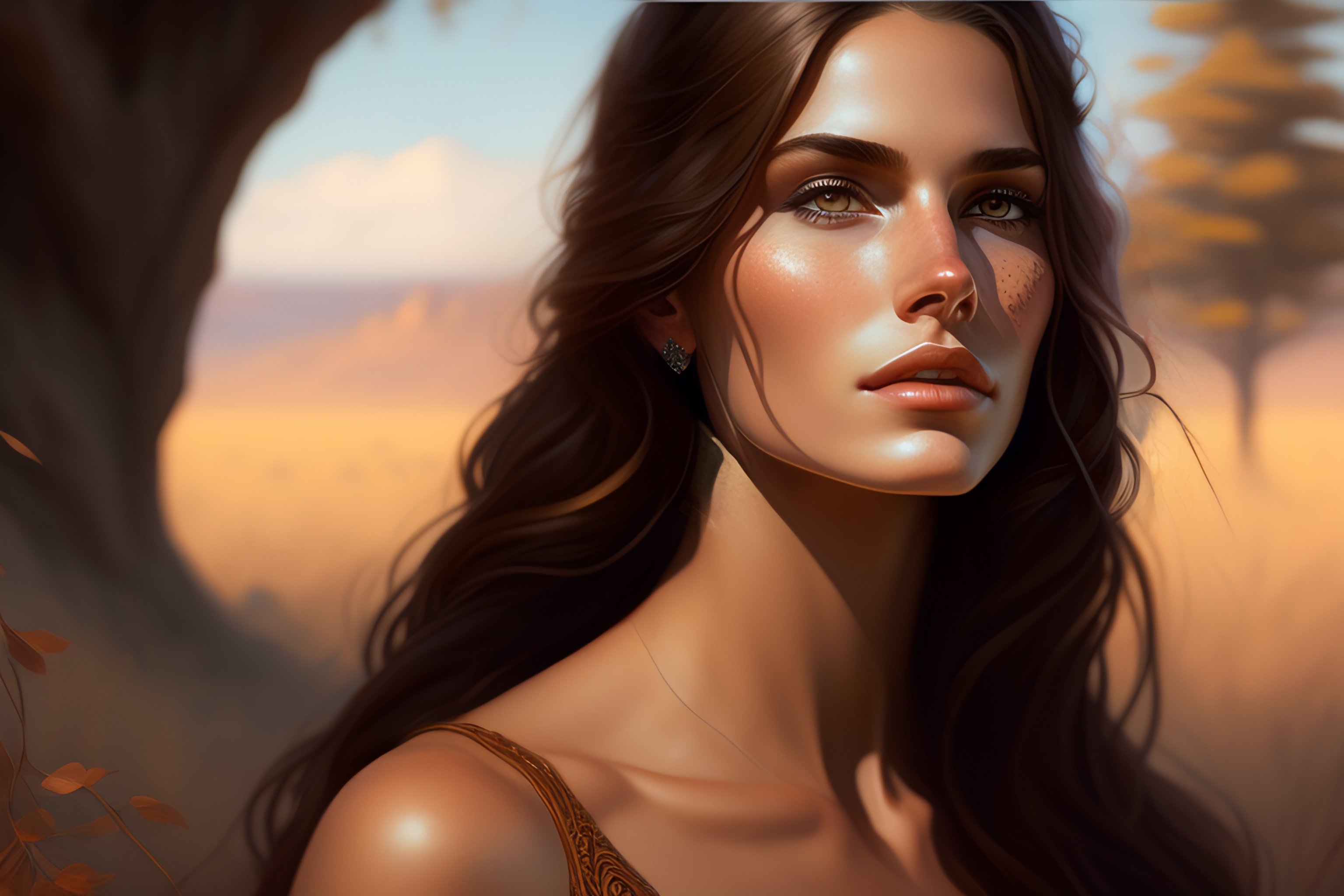 Lexica - Sad woman wilderness, brown hair, exotic, pretty face ...