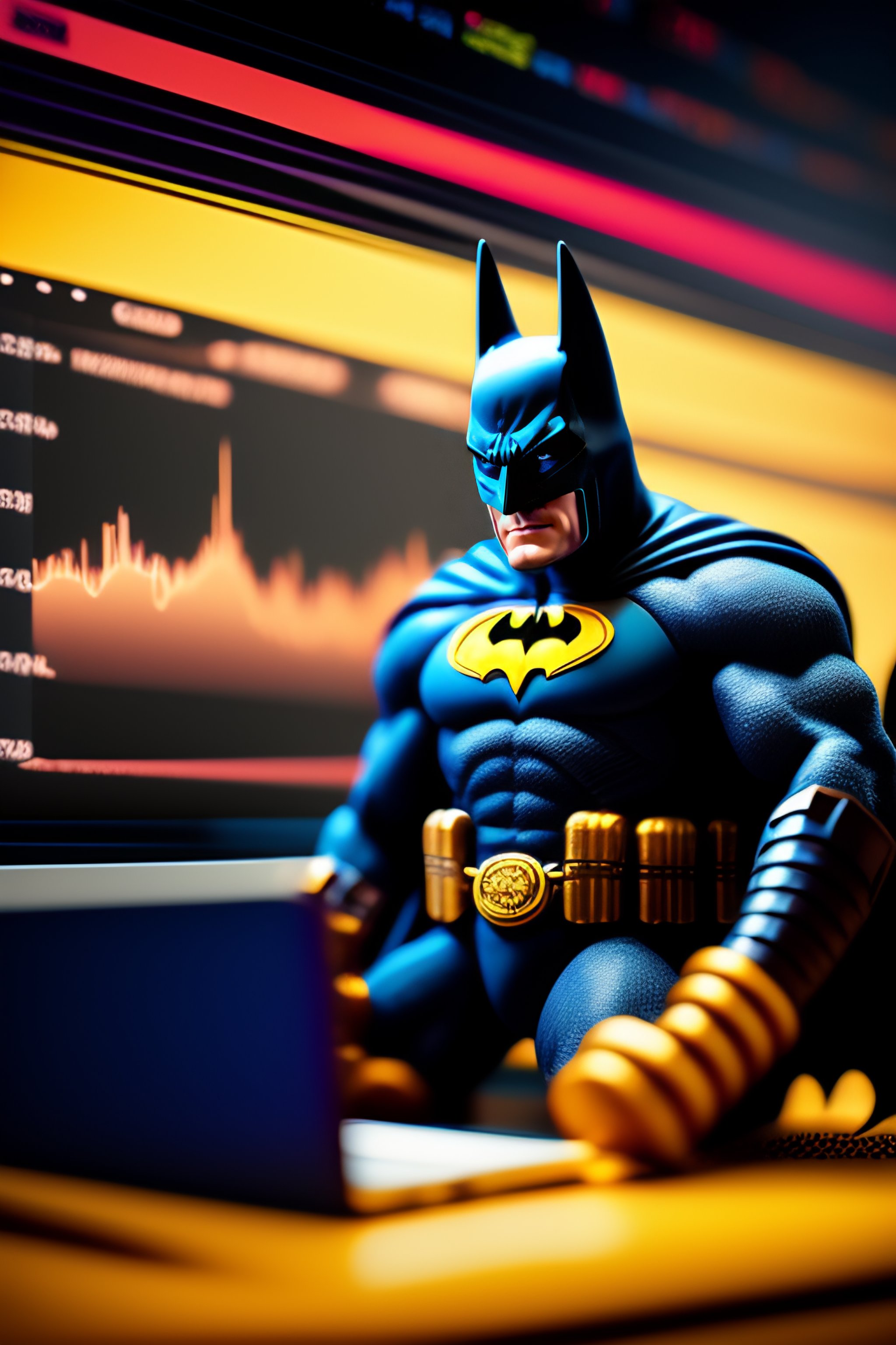 Lexica - Batman, grinning, in the batcave, sitting at the computer ...