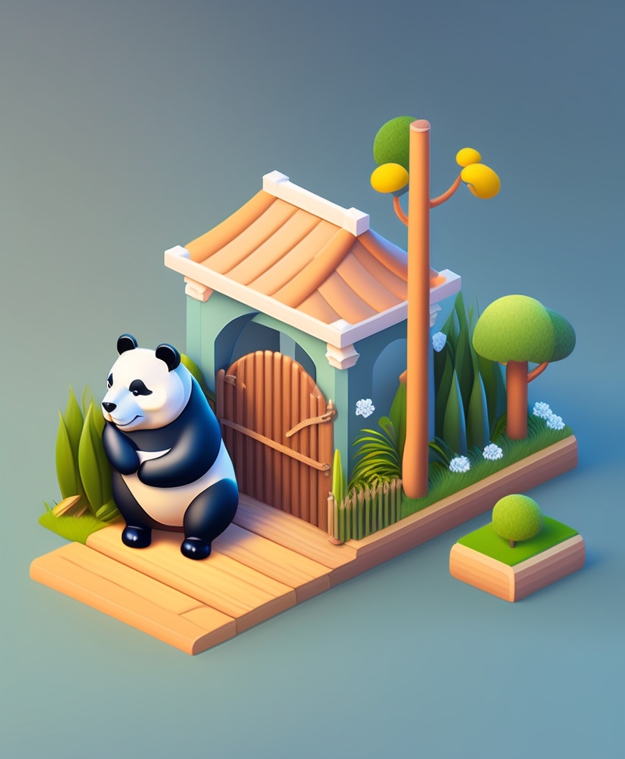 Lexica - Isometric zoo den, panda with bamboos, fence