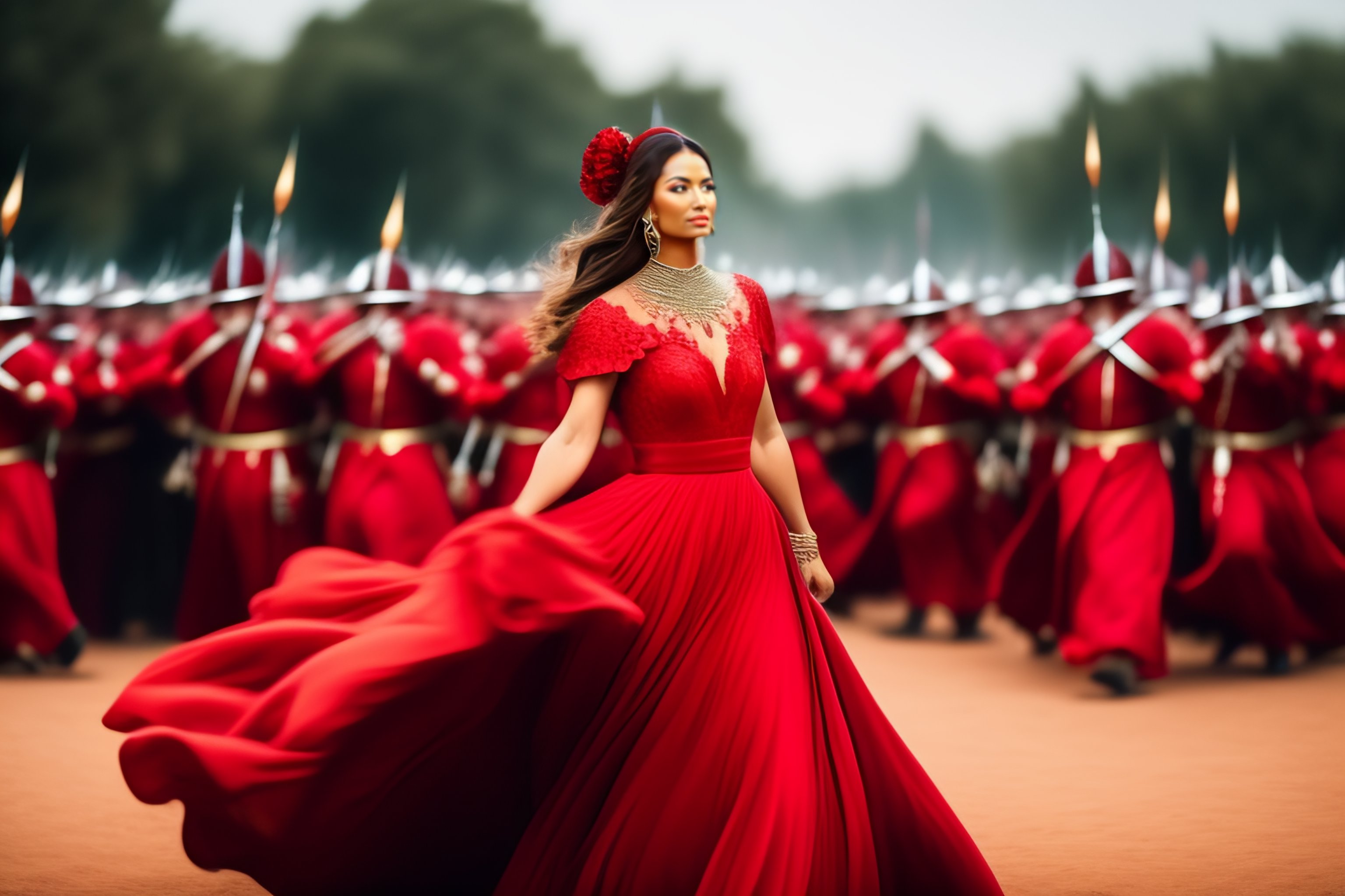 Lexica - Lady in red dress dancing in battle field, surrounded by ...