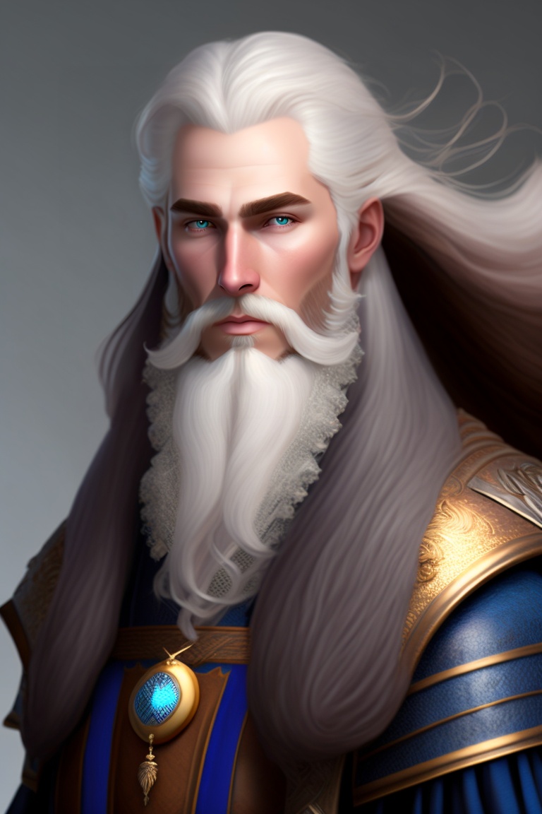 Lexica - Long flowing White hair and beard rugged, mage royal