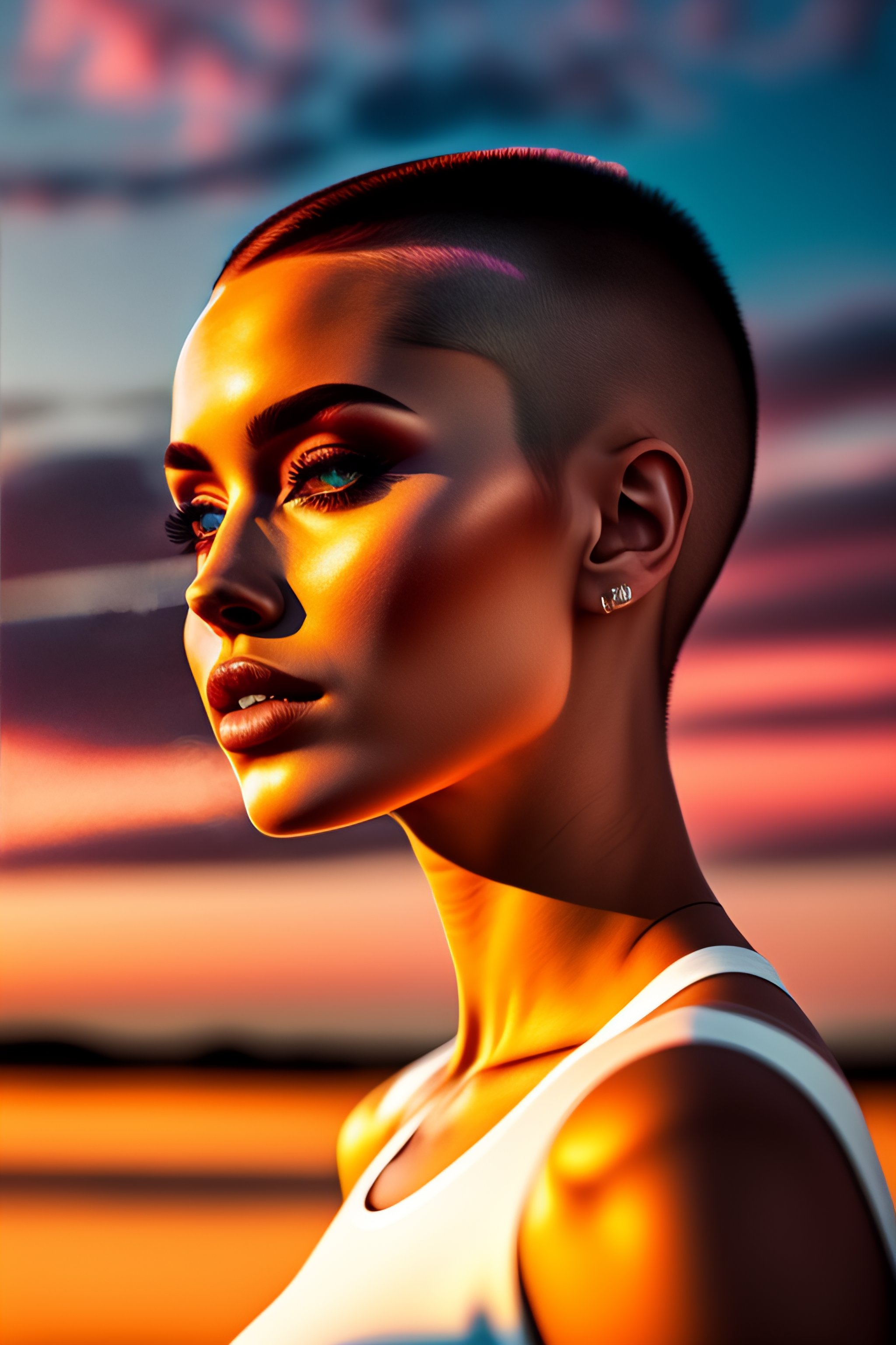 Lexica - Chrome skin girl with buzzcut staring at the sunset
