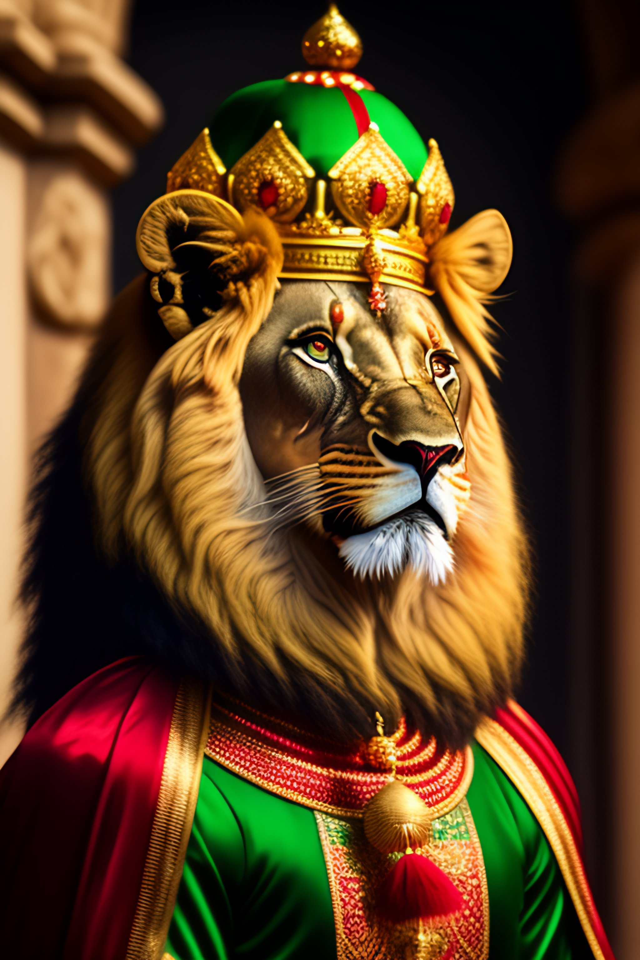 Lexica - Lion head with gold crown, traditional clothes in red and ...