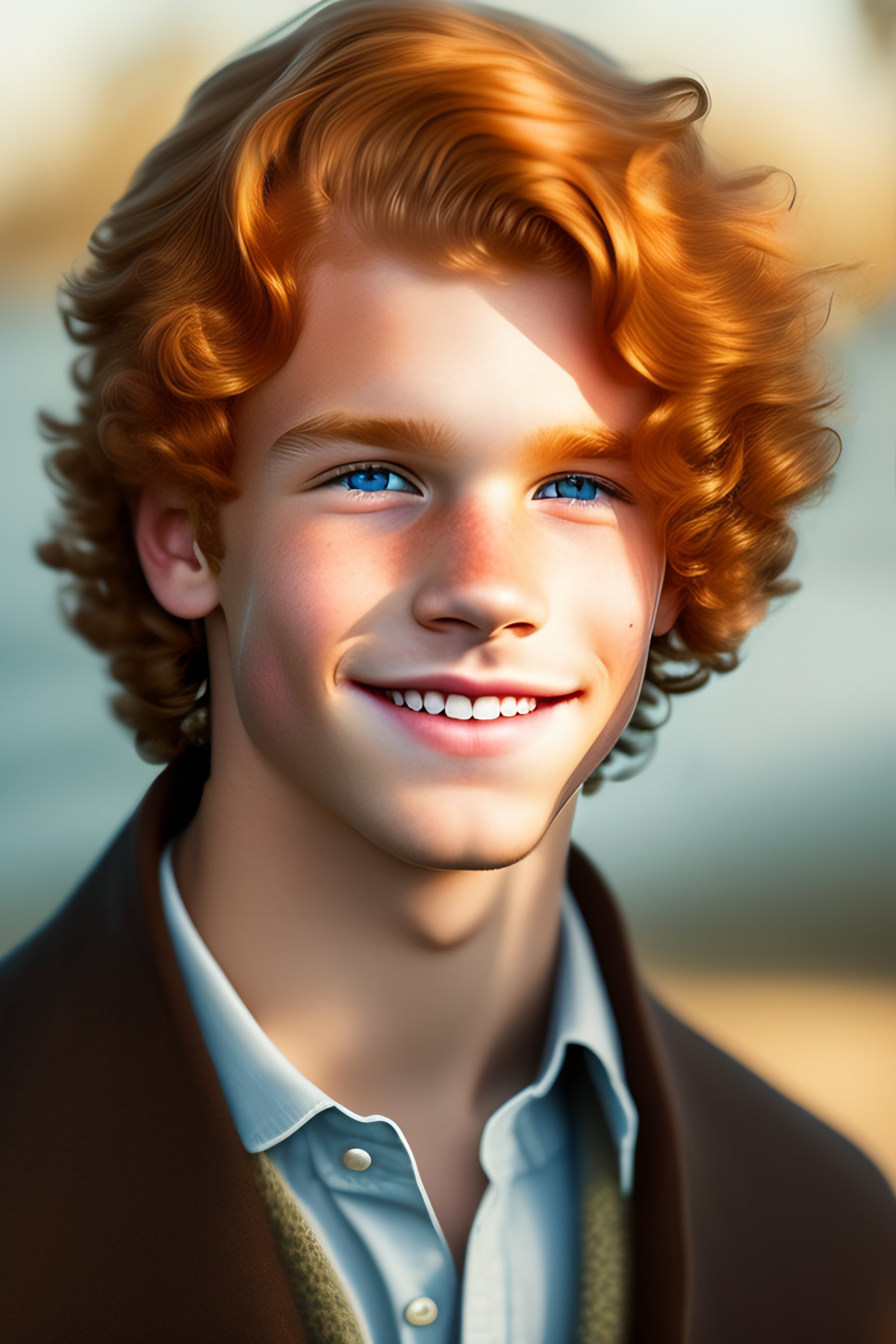 Lexica - A cute young man with wavy strawberry blond hair, amber eyes and a little smile