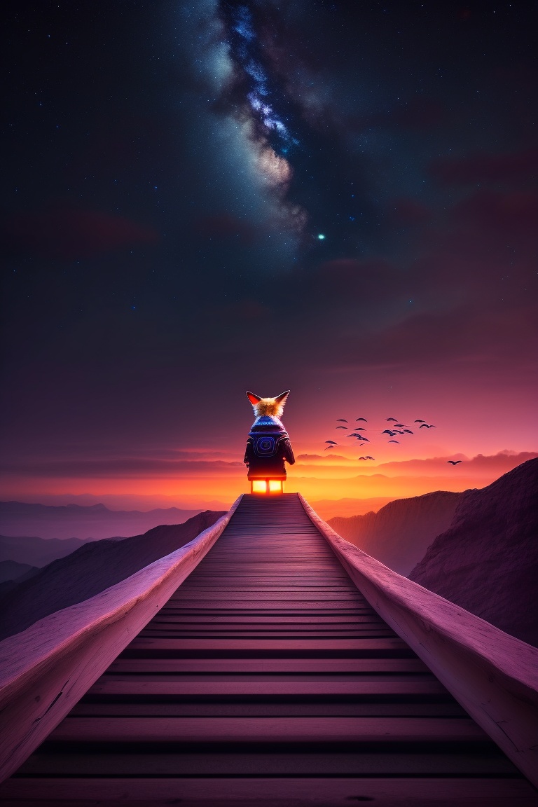 Lexica - Fennec robot samurai view from his back walking on a old and ...