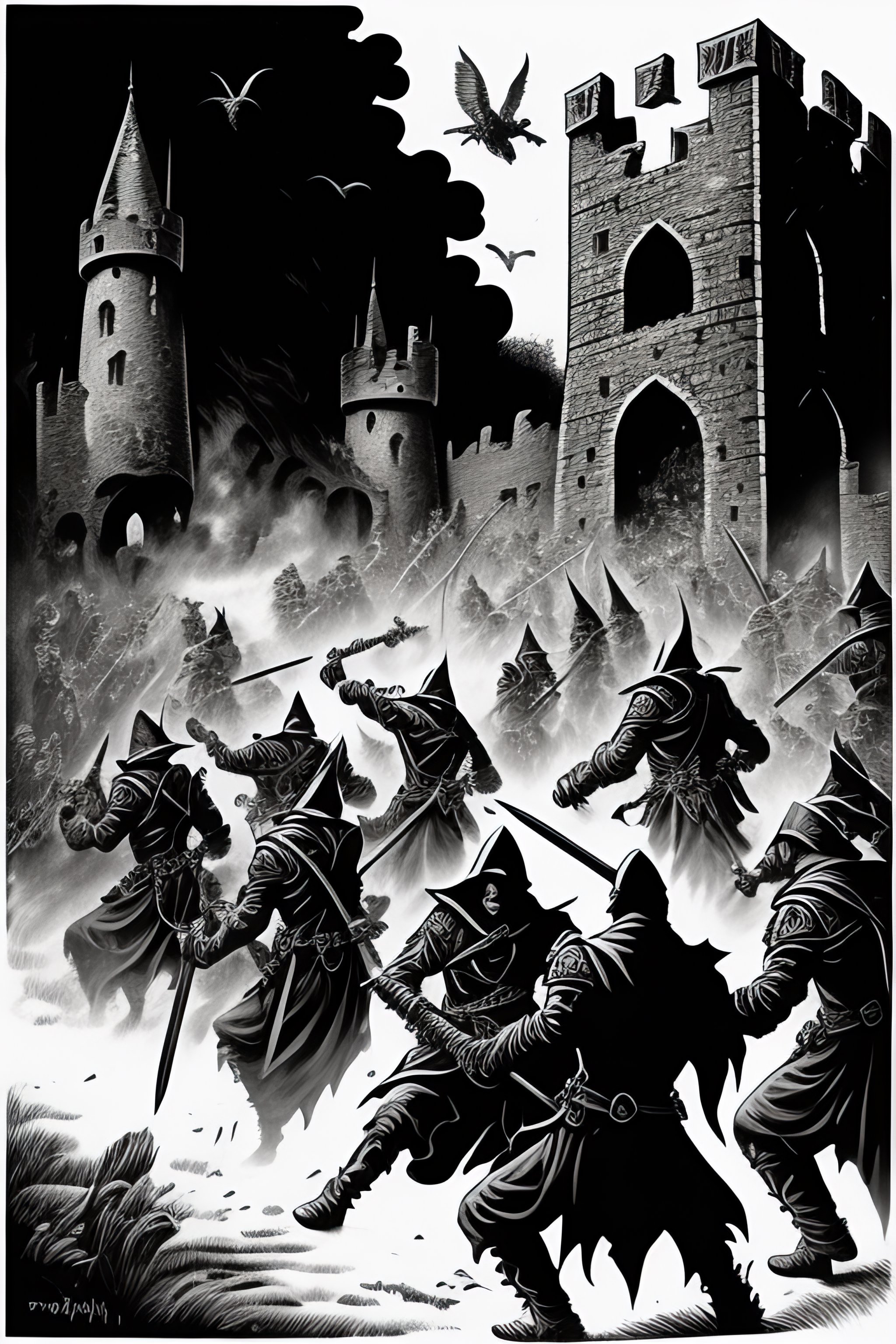 Lexica - Horde of zombies attacking a castle wall, black and white ...
