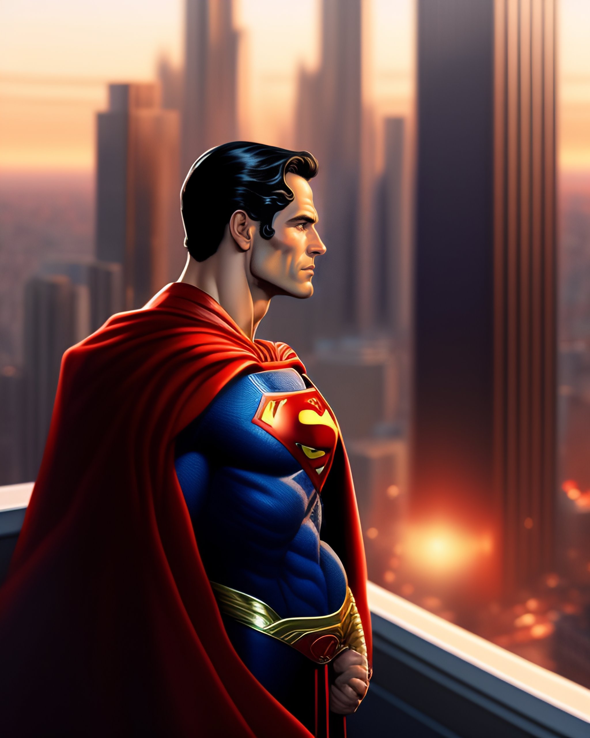 Lexica - Superman with a red cloak sitting on a roof looking down at a ...