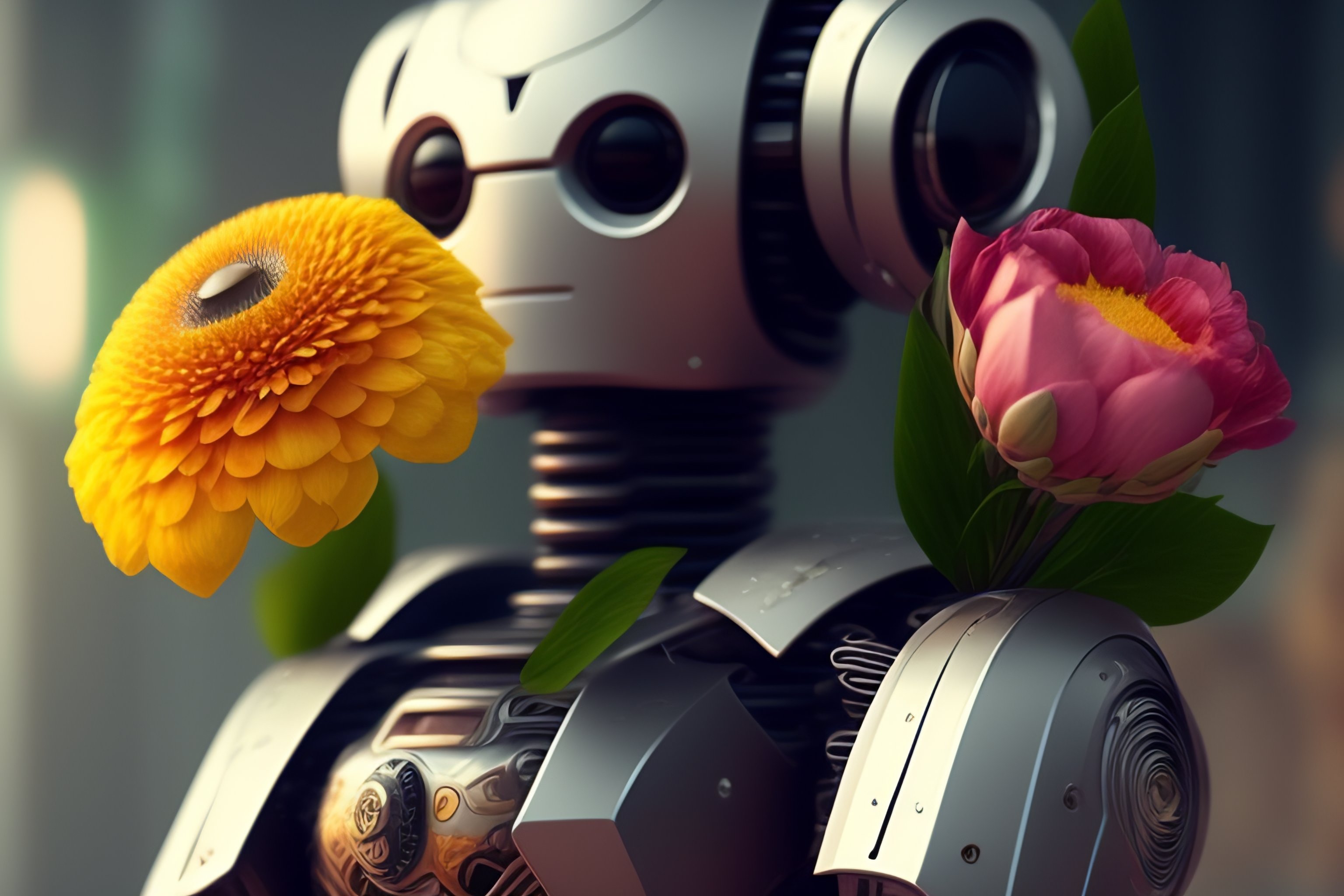 Lexica - A robot holding a flowers bouquet