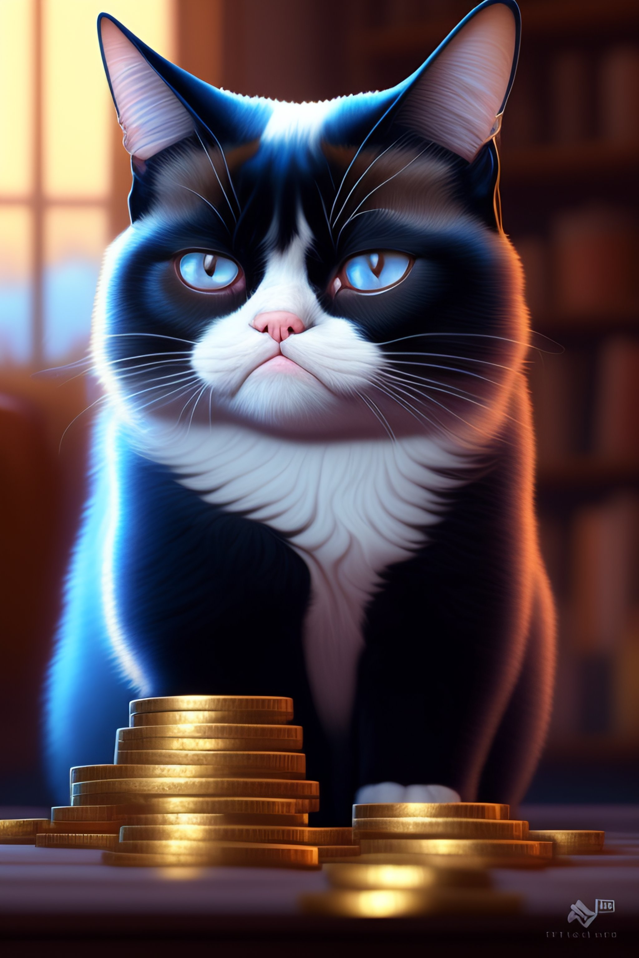 Lexica - A grumpy cat counting gold coins at home, in disney concept ...