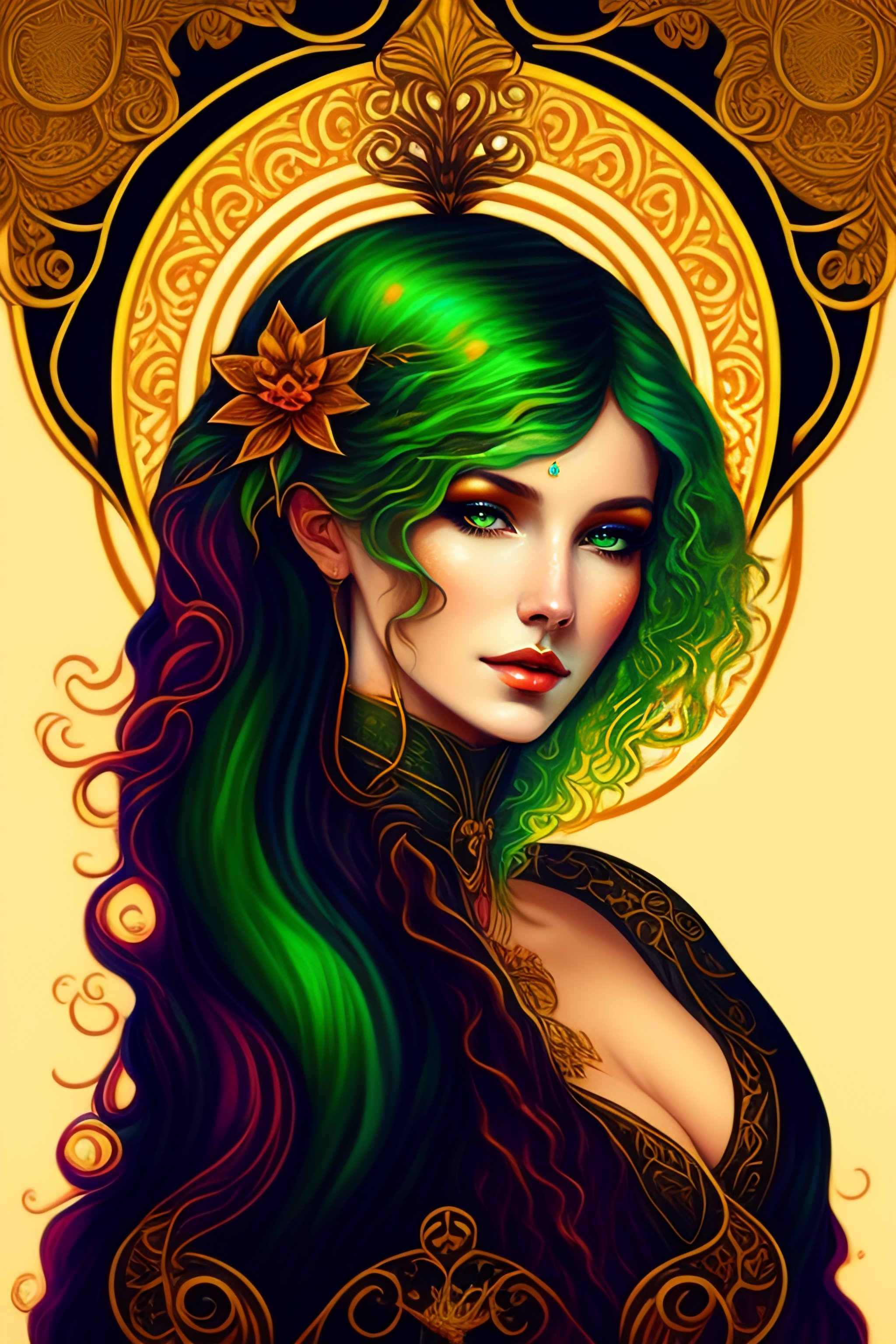 Lexica - Alphones mucha girl with curly green hair piercing standing ...