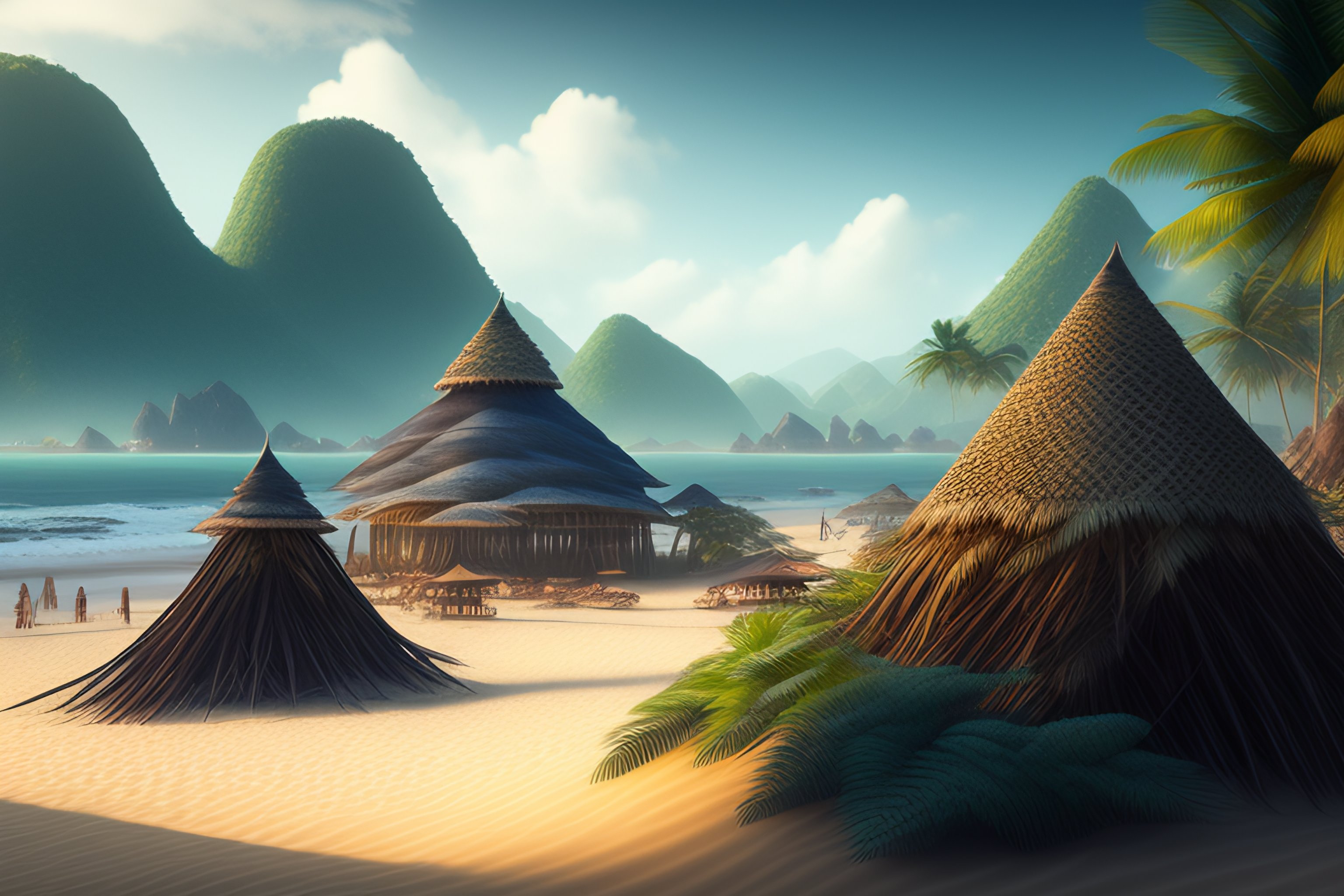 Lexica - Giant elven amerindian hut bamboo on tropical island beach ...