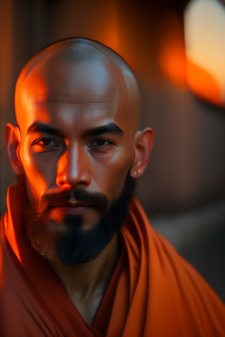 Lexica - A close-up portrait of a white-skinned monk wearing orange ...