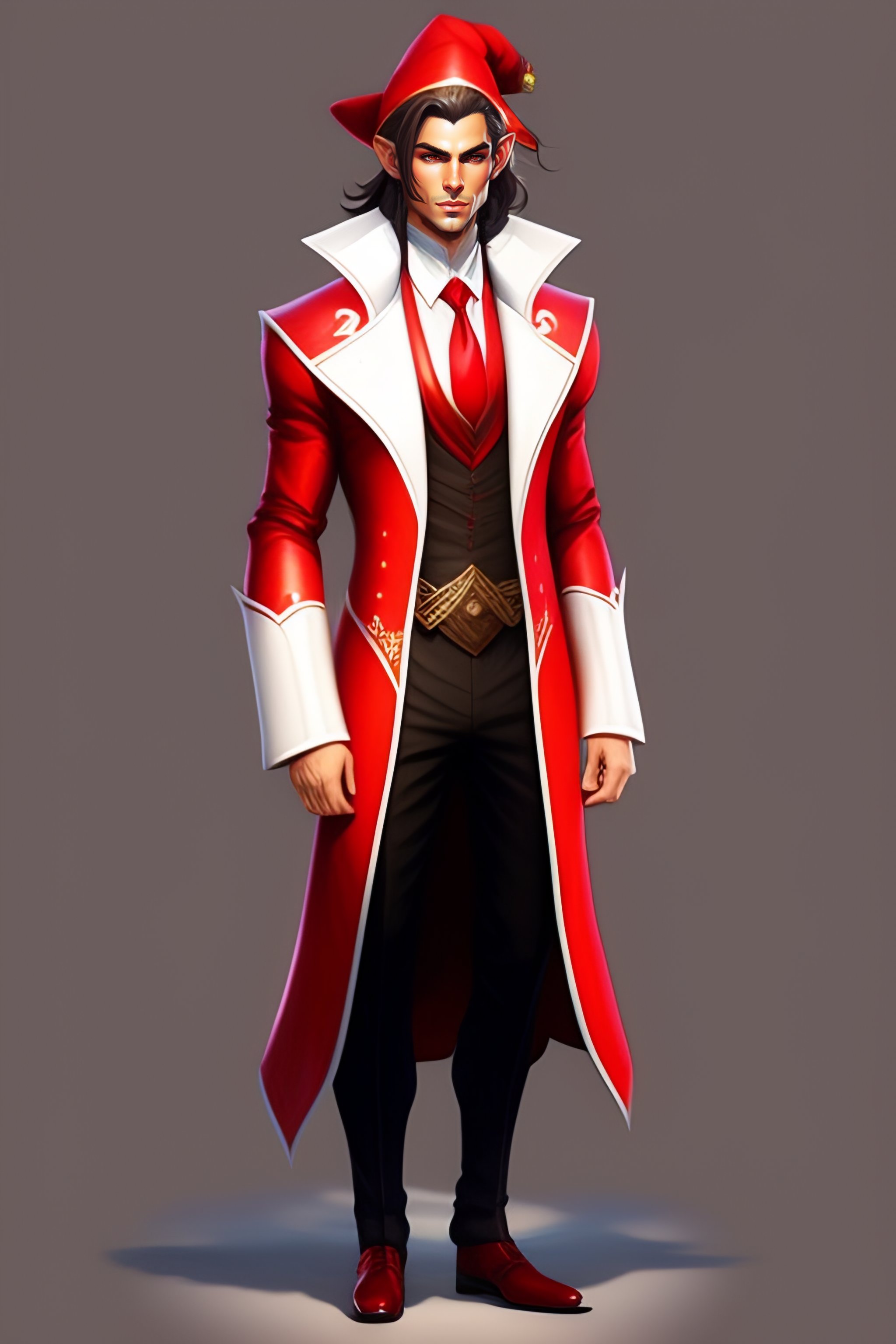 Lexica - Half-elf, suit with white coat, dark hair, red hat, red dress ...