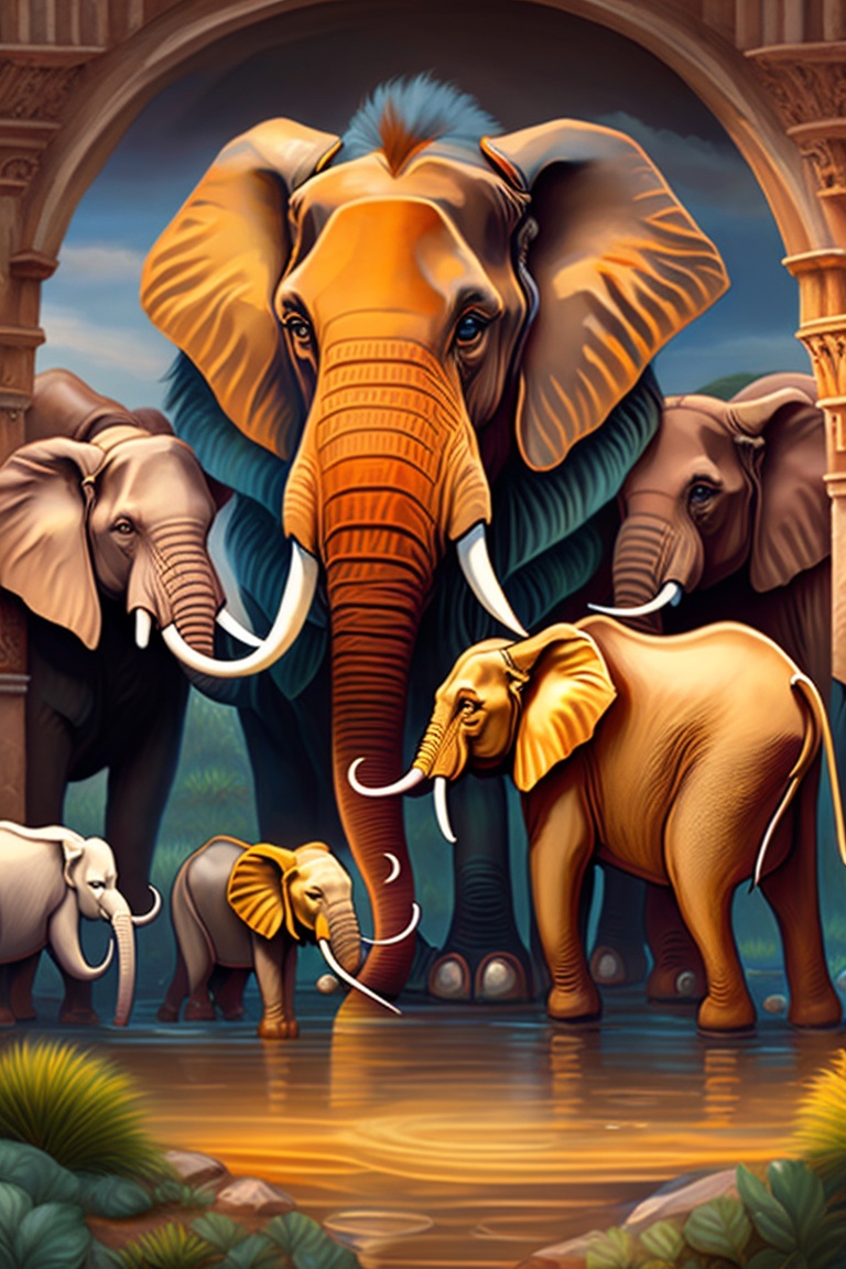 Lexica - Leo, the lion king, leading a group of elephants as they dig a ...