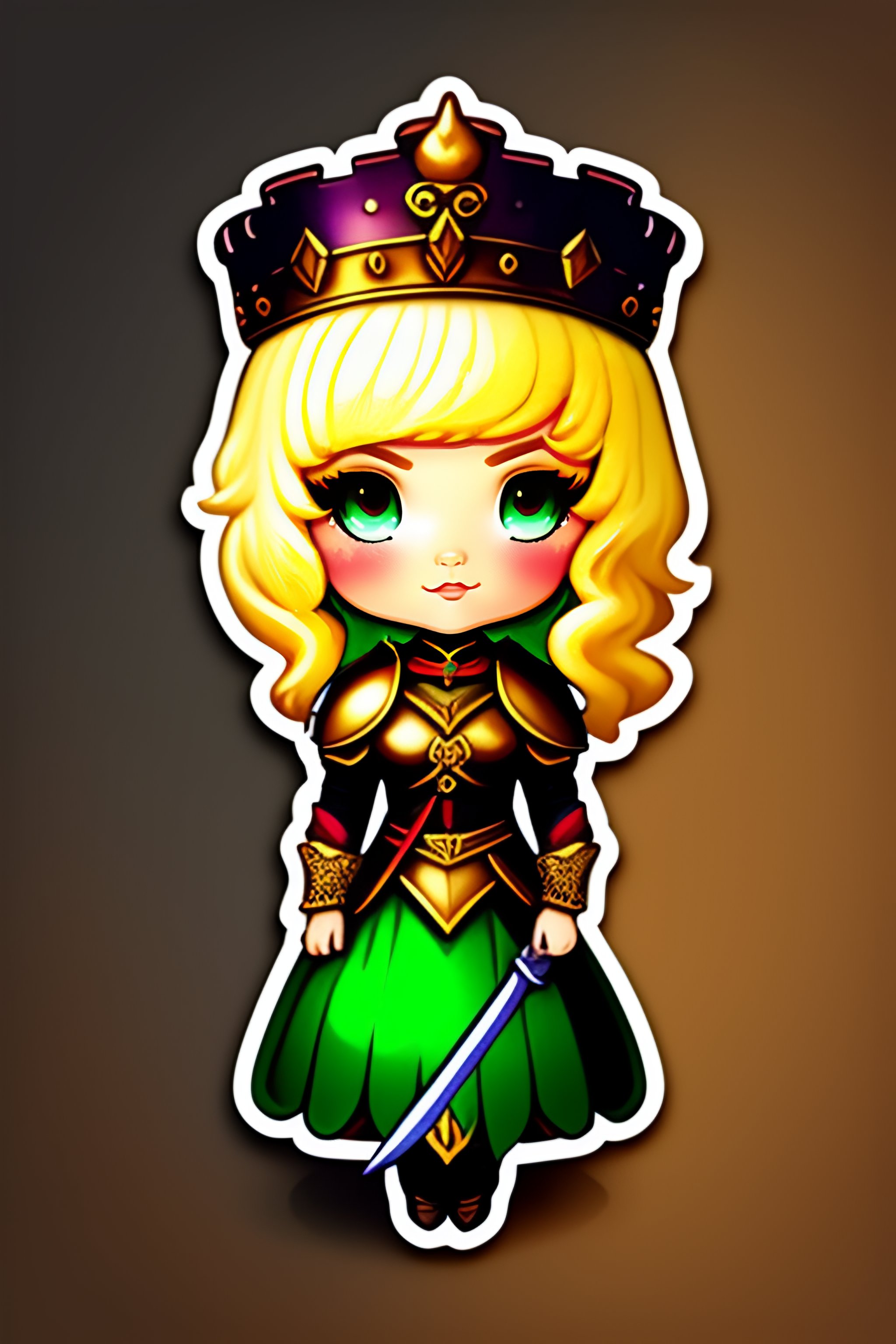 Lexica - Cute chibi blonde, Green eyes, woman With a crown, sword ...