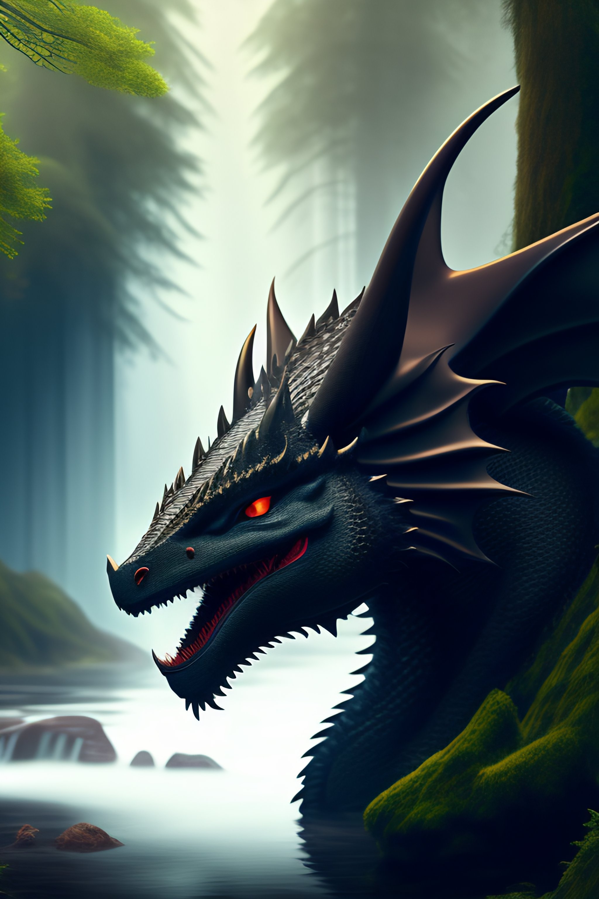 Lexica - Anthropomorphic dragon Toothless in a middle of forest with river