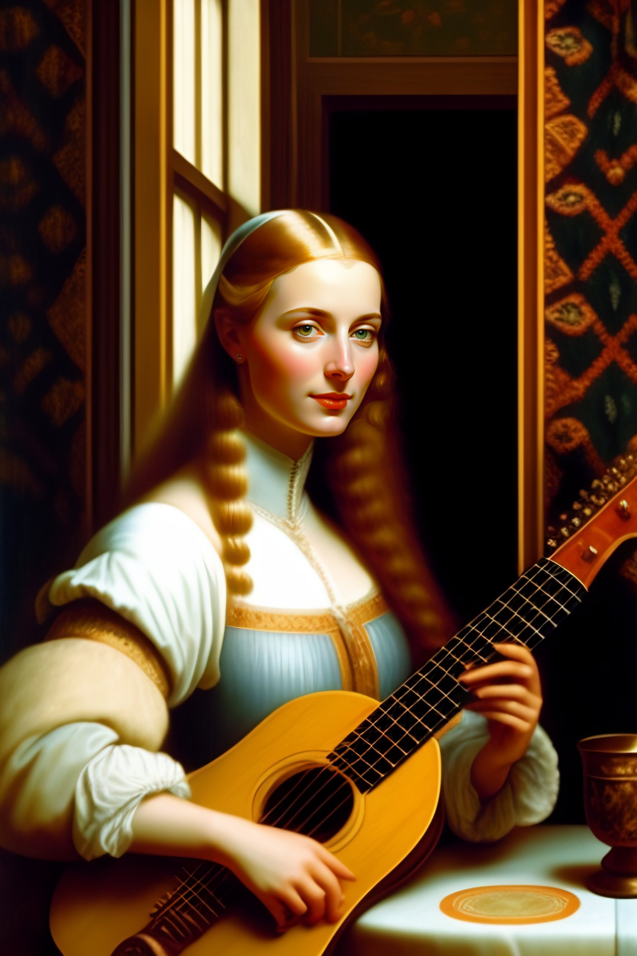 Lexica - Young lady playing lute, blond hair, window on her right ...