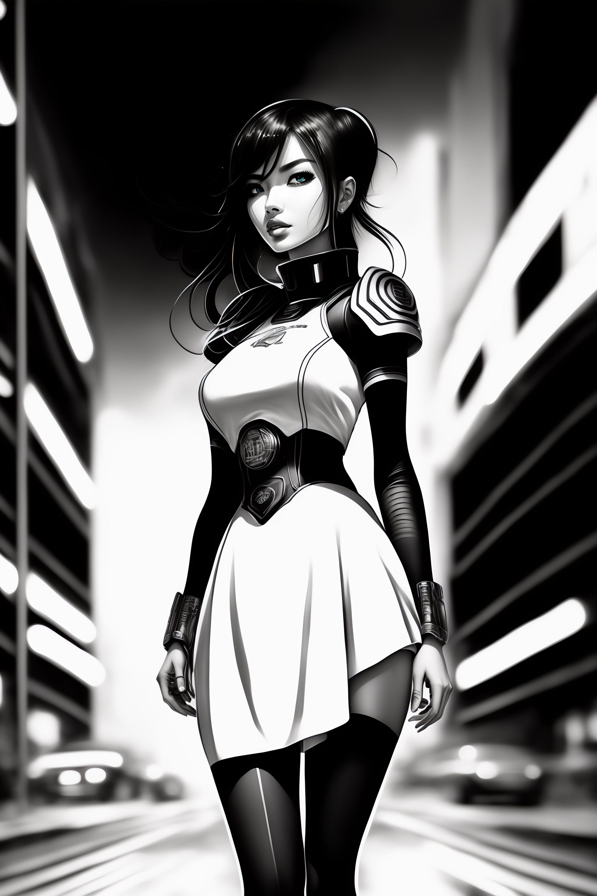 Lexica - Mecha girl in a white dress, walking in a dark urban ...
