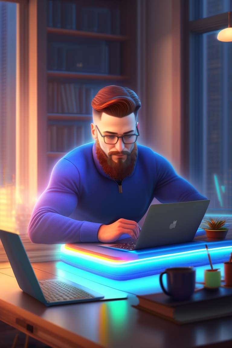 Lexica - A man sitting on the table in the room and coding in the laptop , realistic, ultra ...