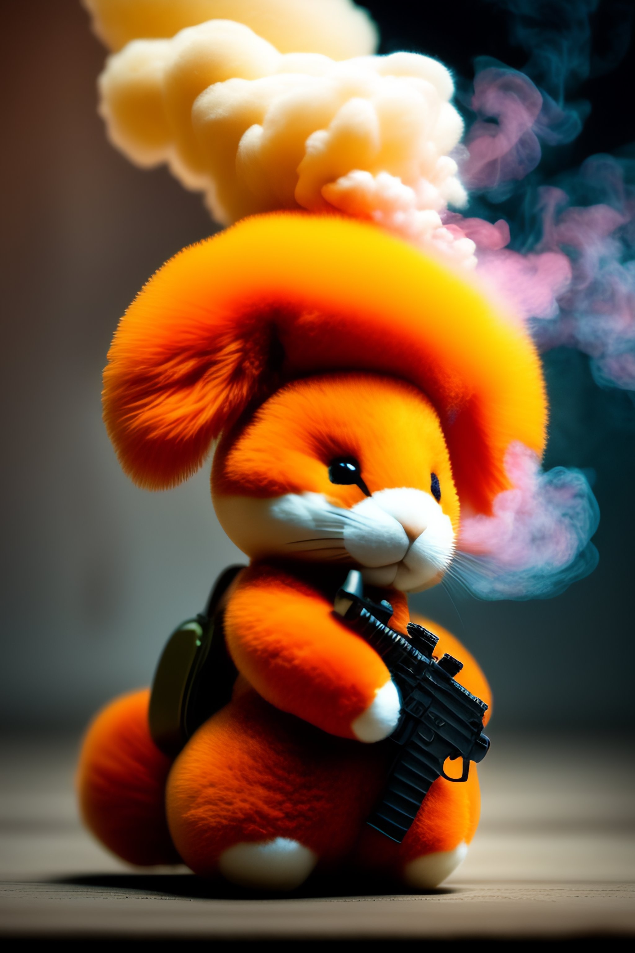Lexica - Plush rabbit with a machine gun smokes a cigar nuclear explosion