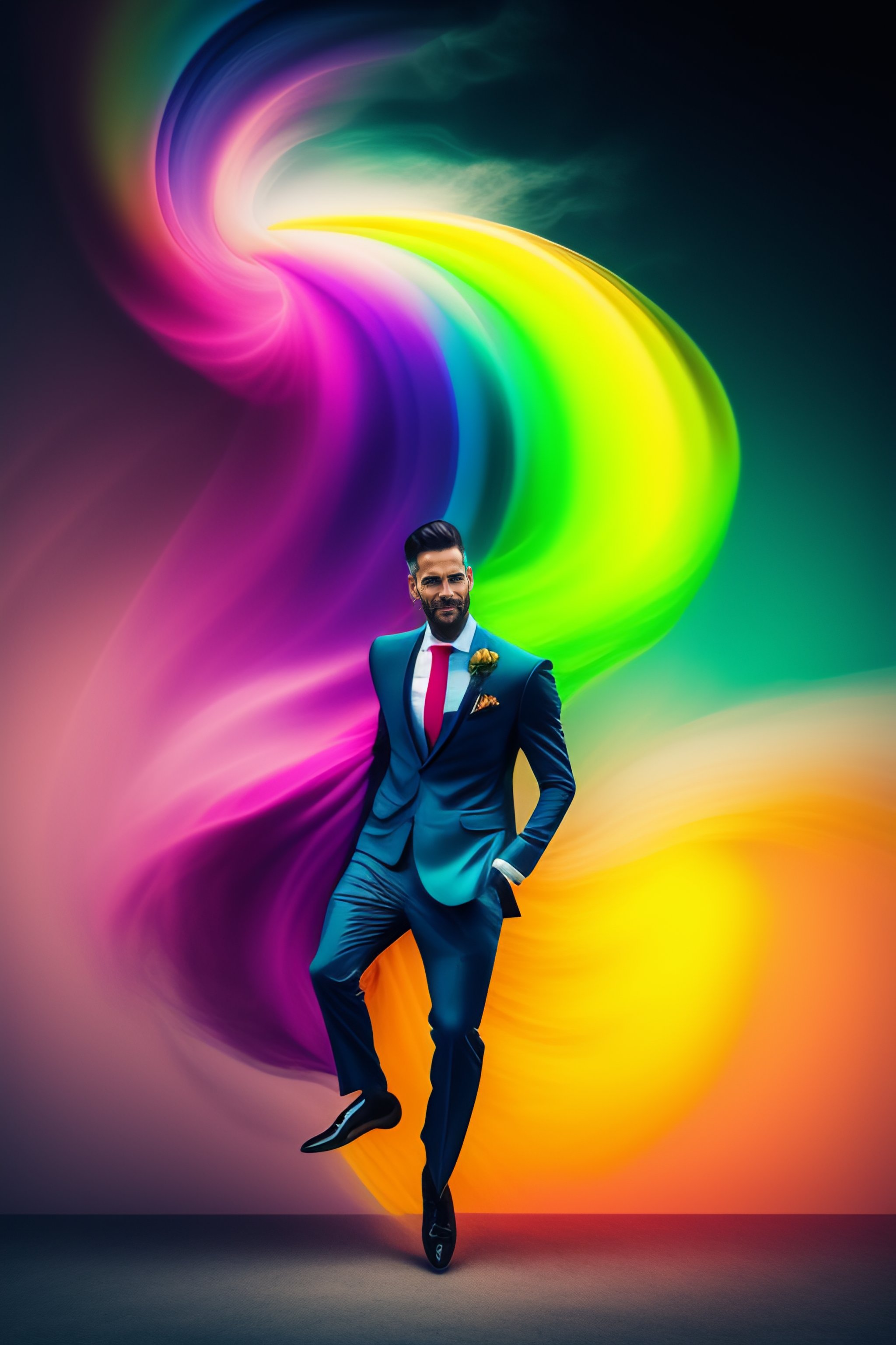 Lexica - Man in suit jumping, colorful, fade to color