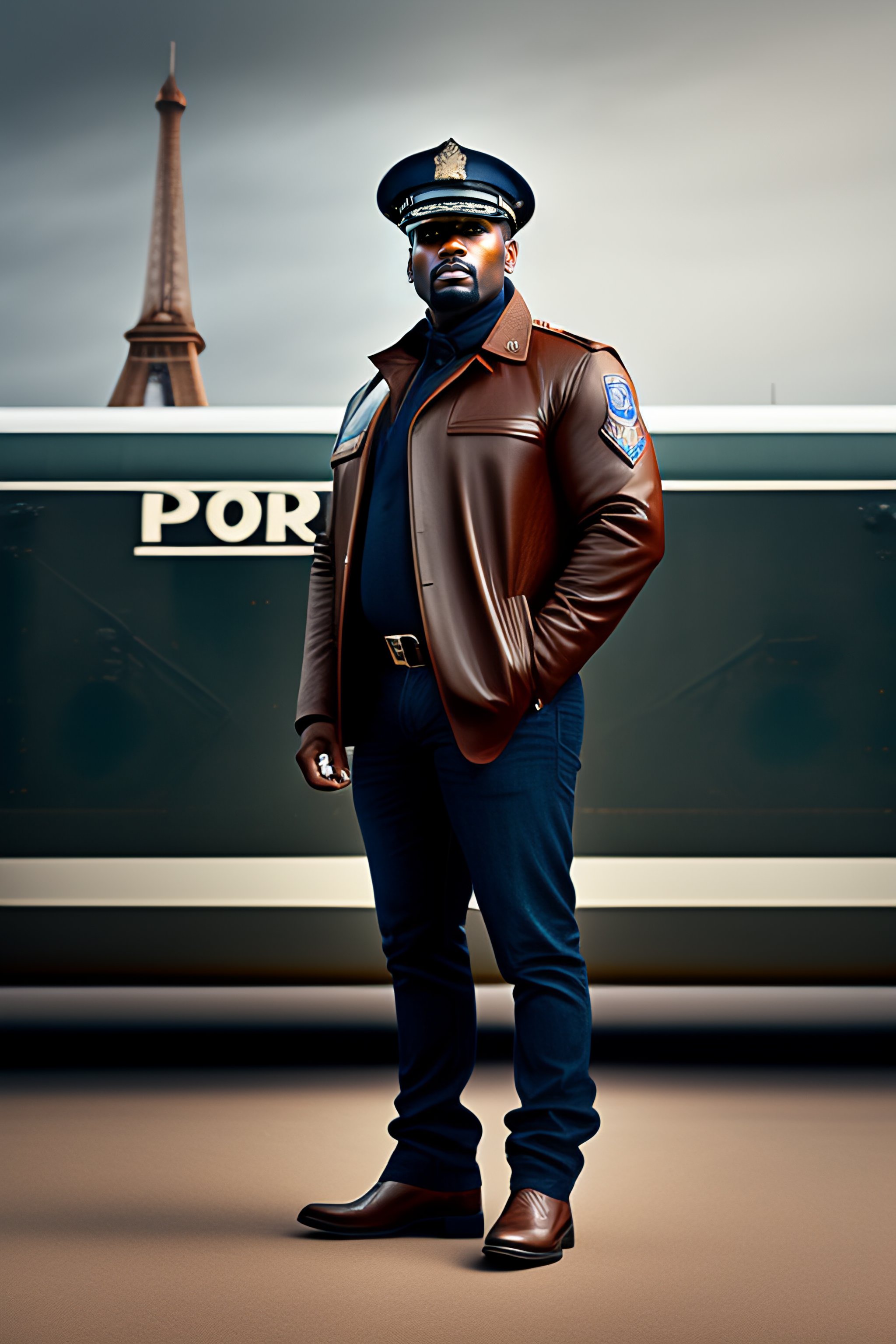 Lexica - Portrait of a cop wearing a brown leather jacket, a muir cap ...