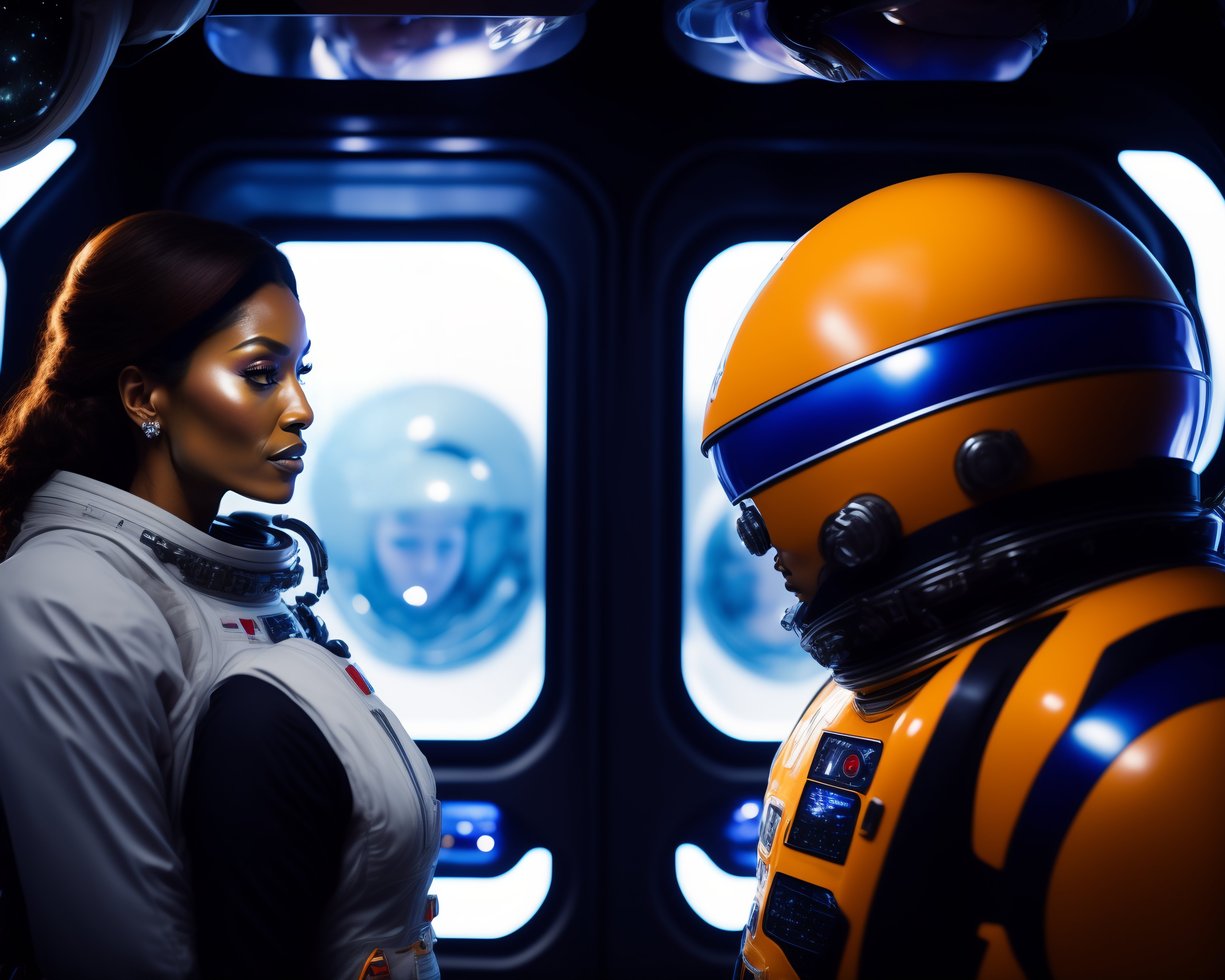 Lexica - Space station has one human and one alien talking.