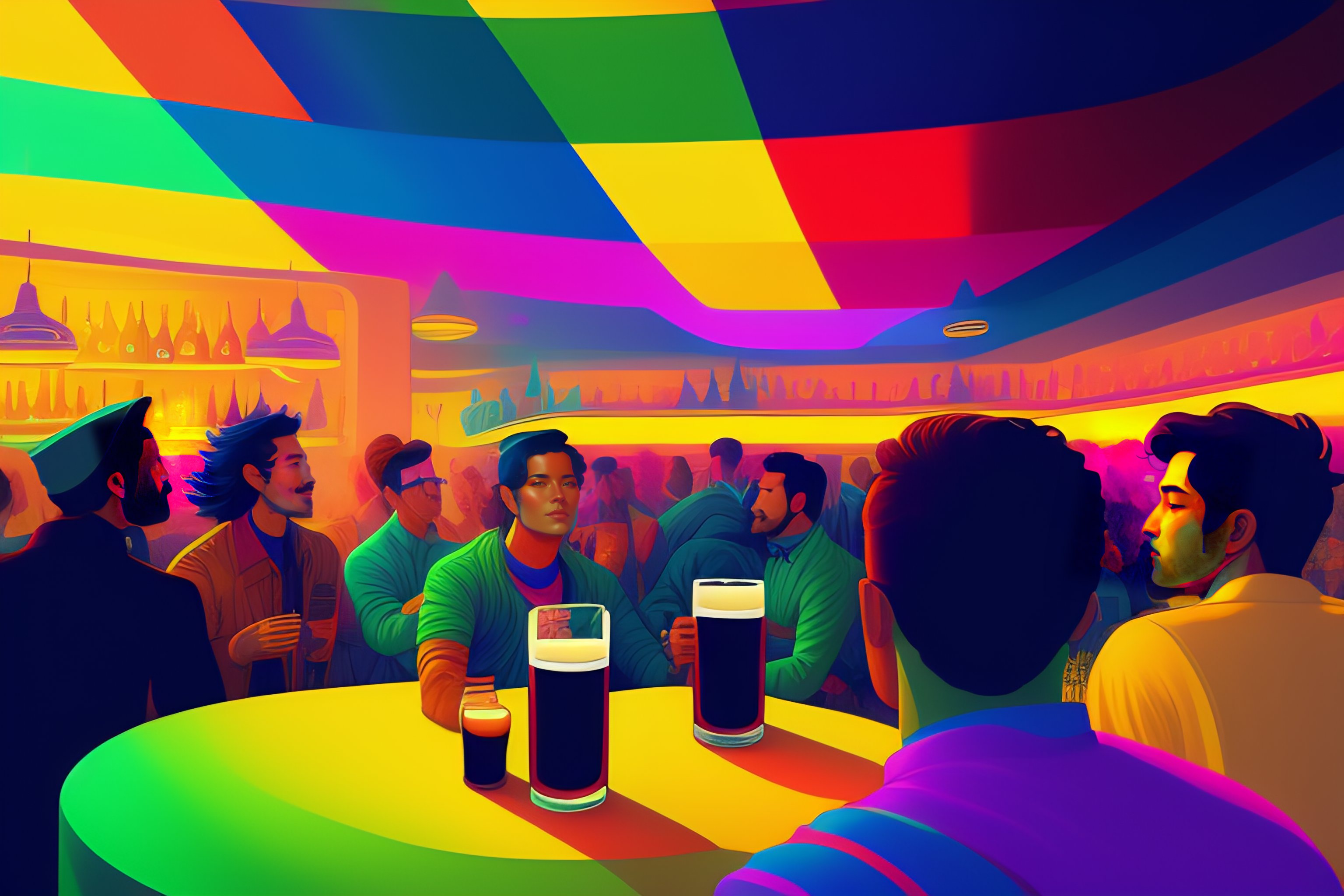 Lexica - Friends cheer with beer in a bar, rainbow colors, gay ...