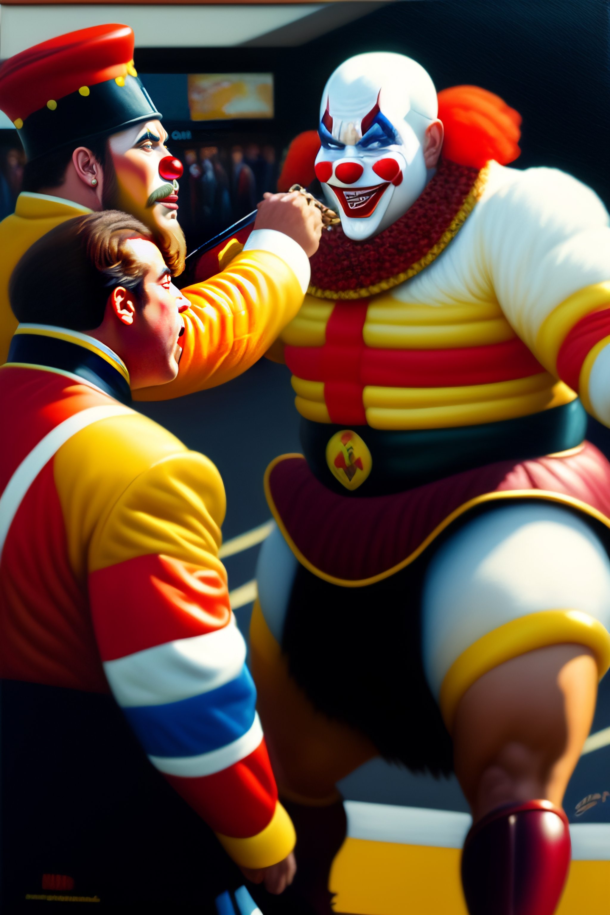 Lexica - An oil painting of the clown of macdonalds fighting with the ...