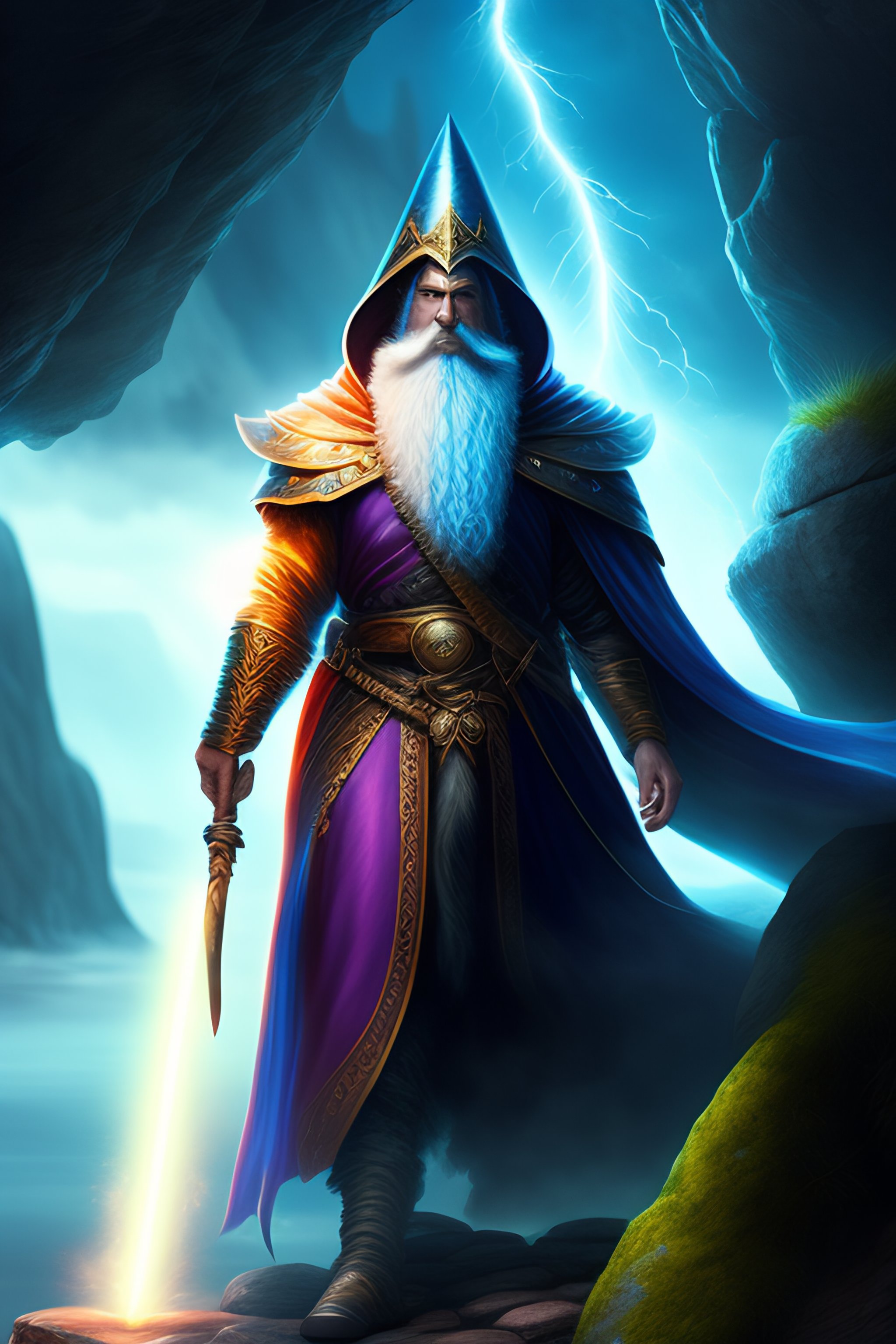 Lexica - Wizard with a staff on a cave, dramatic lightning, hd ...