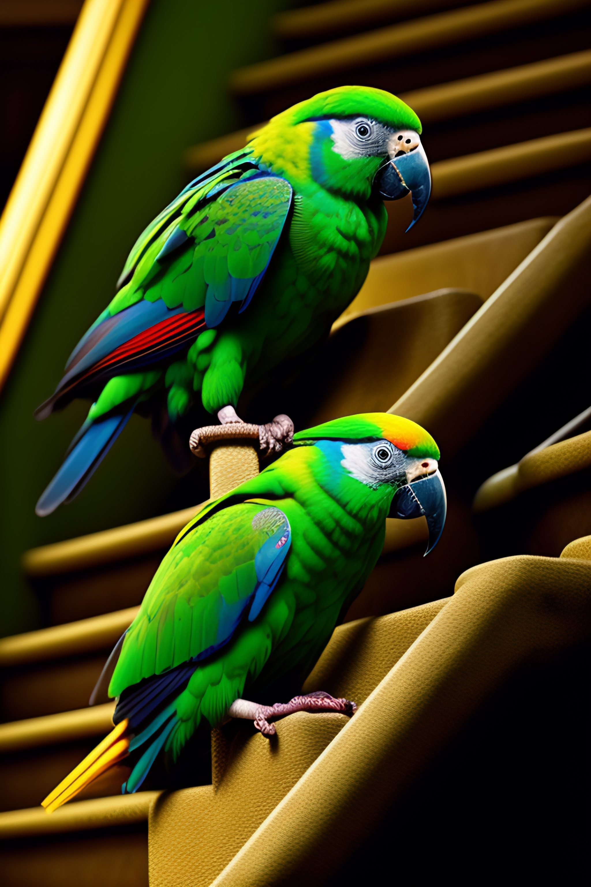 Lexica - Cute green parrot climb stairs