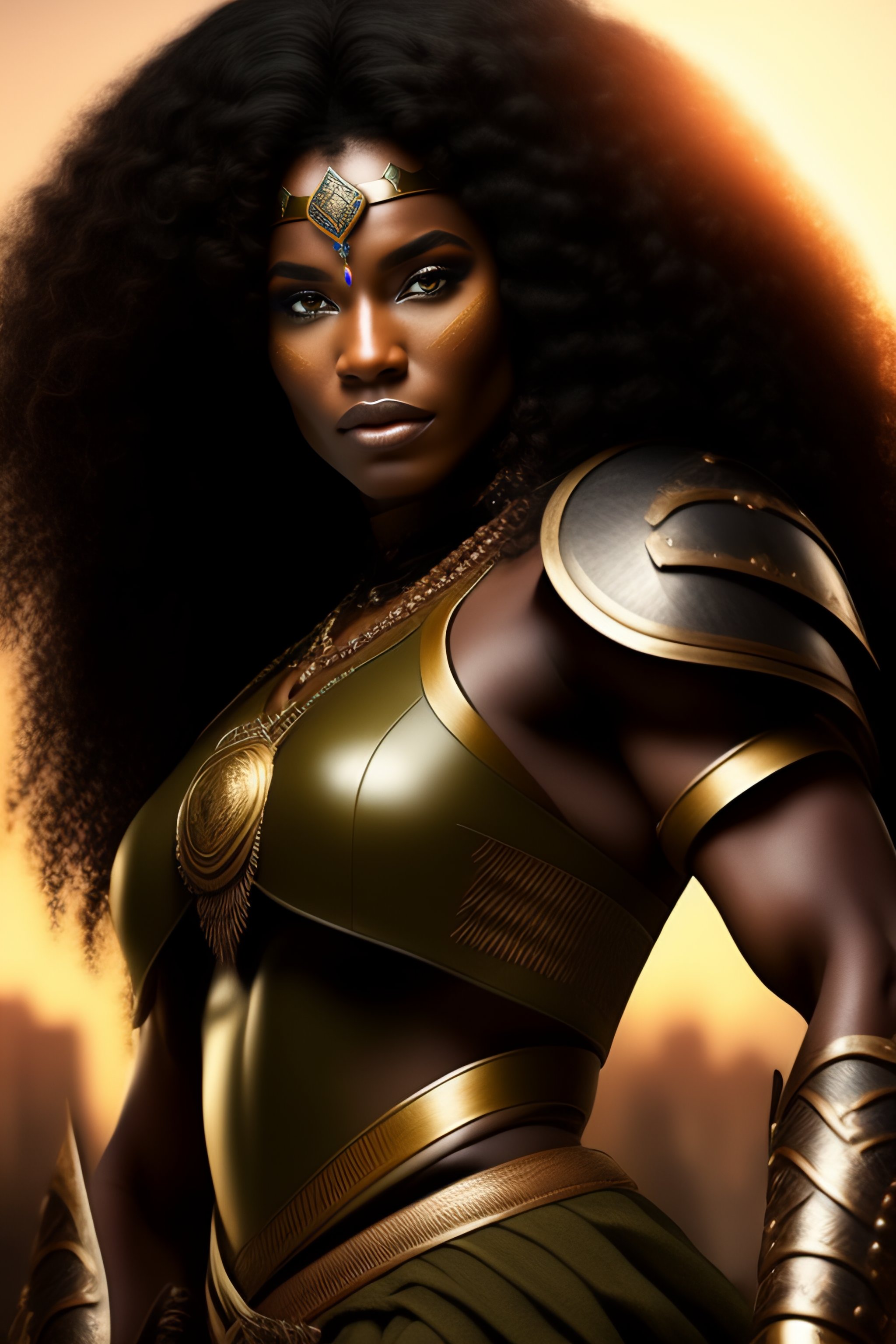 Lexica - Amazon warrior, black woman, very curly hair, high quality, olive, amazon warrior fighting