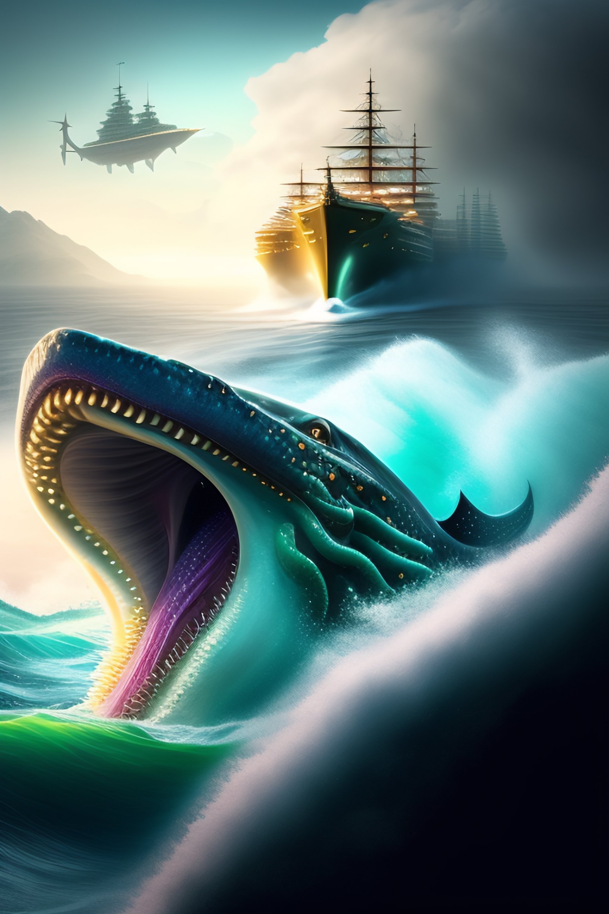 Lexica - Hyperrealistic kraken eating a ship in a storming sea meanwhile people is jumping from ...