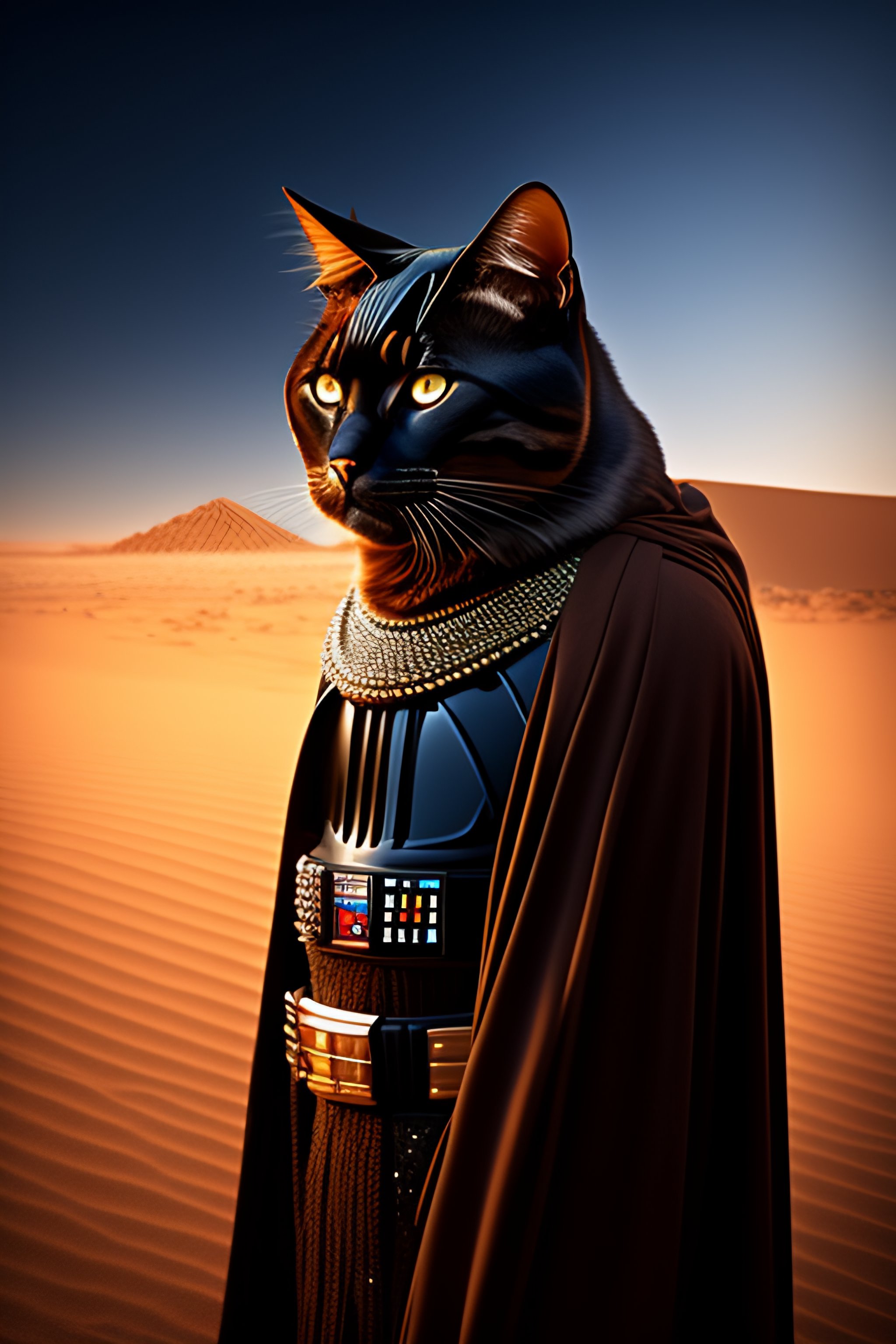 Lexica - Cat dressed as Darth Vader on Tatooine, desert world ...