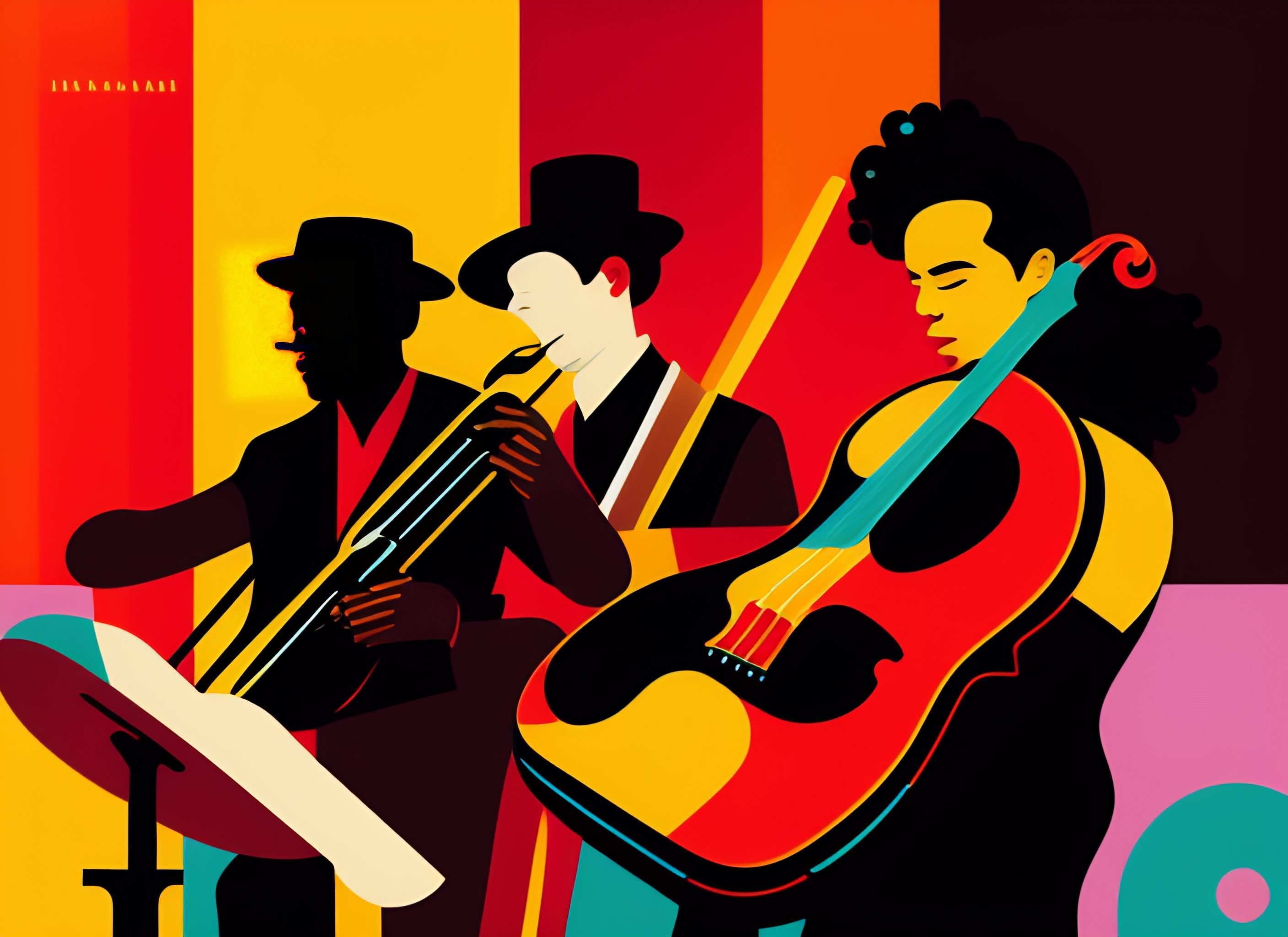 Lexica - 4 jazz musicians, playing with instruments, abstract art in ...