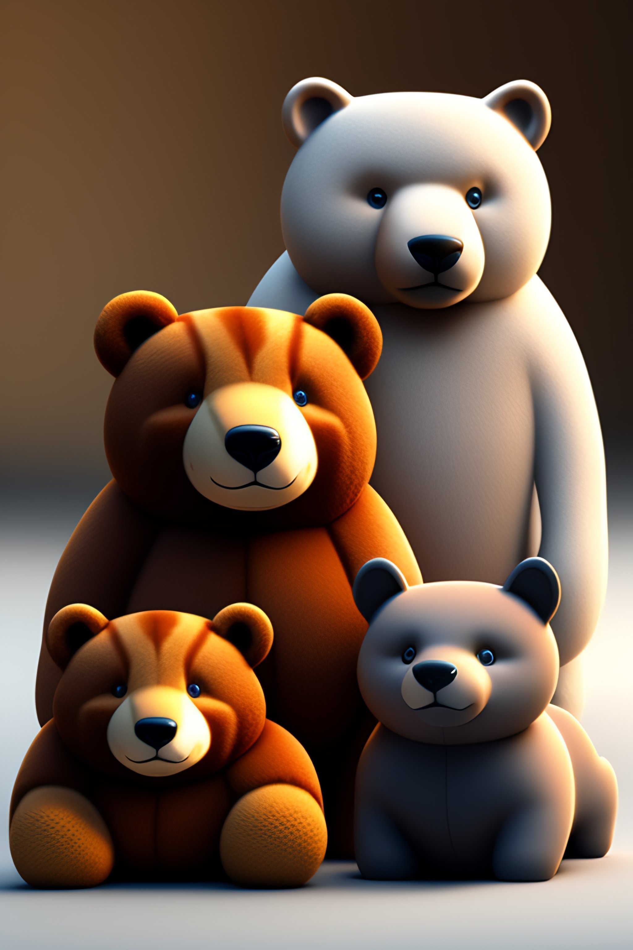 Lexica - 3d render of 3 stuffed animals, two bears and a cat
