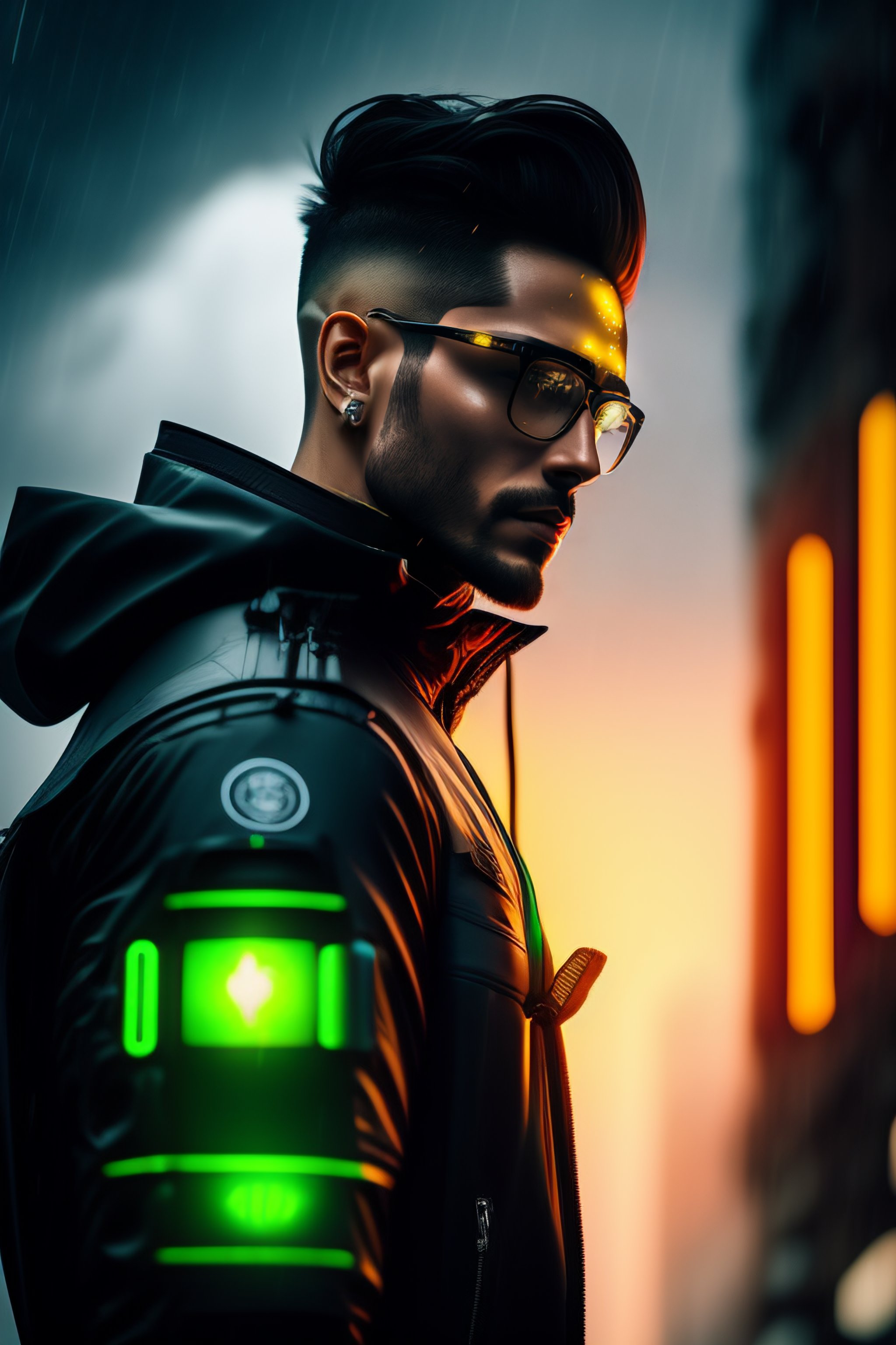 Lexica - Man with undercut hair in black tech suit charming with yellow ...