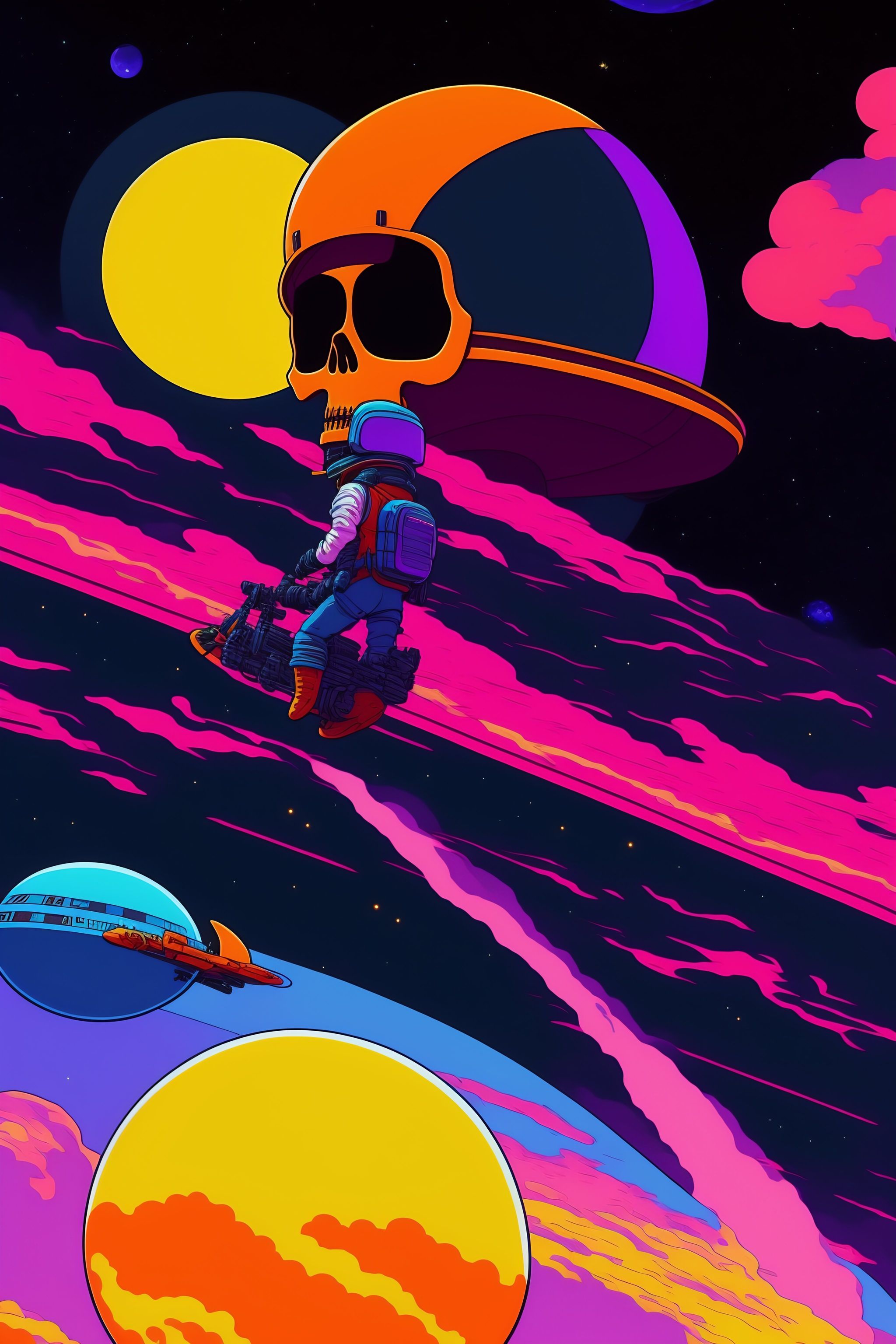 Lexica - 80s cartoon style photo of a huge savage skeleton in space ...