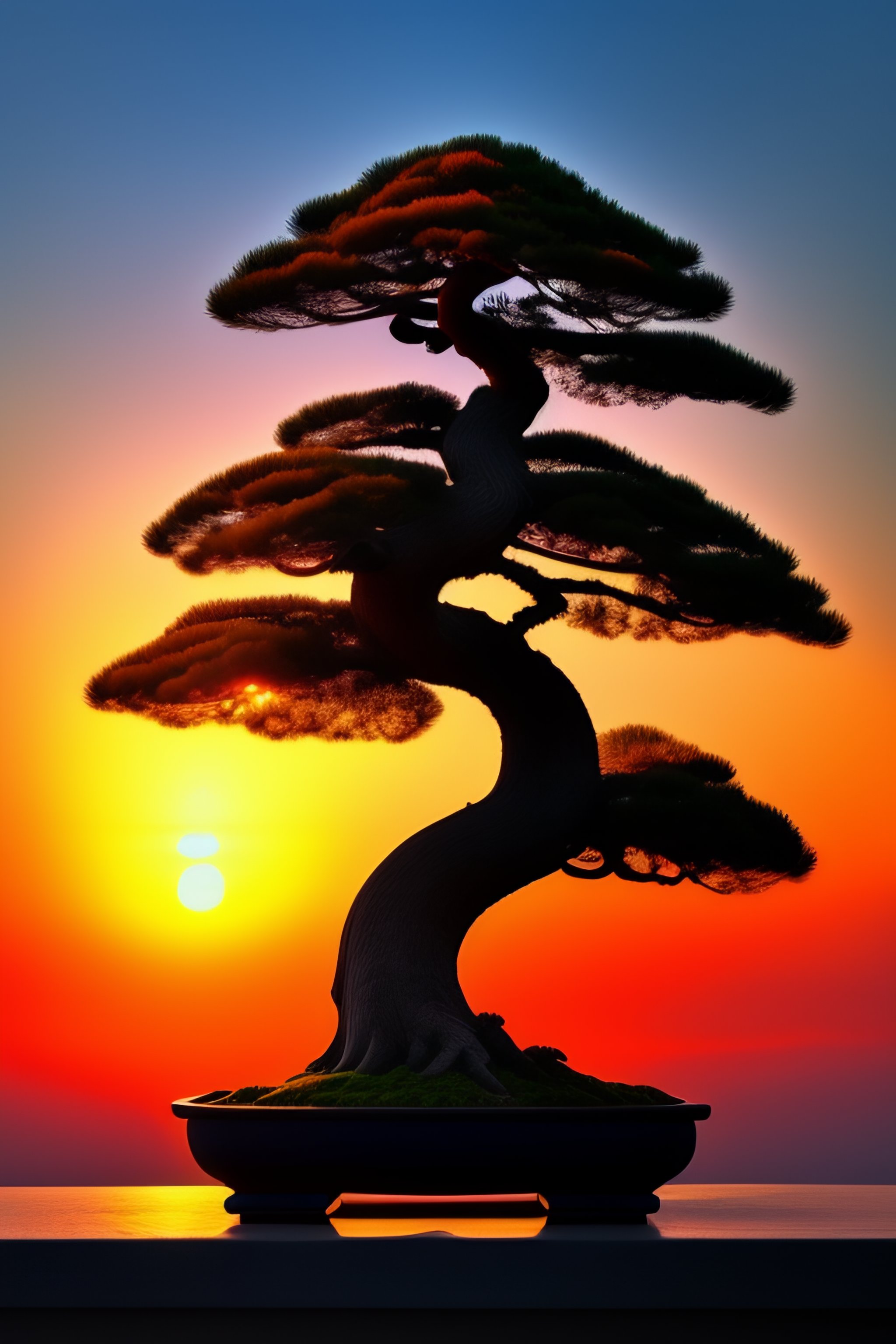 Lexica - Bonsai tree, sunset, art by caravaggio